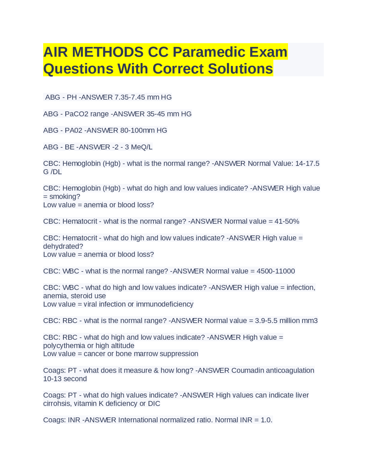 AIR METHODS CC Paramedic Exam Questions With Correct Solutions | Exams ...
