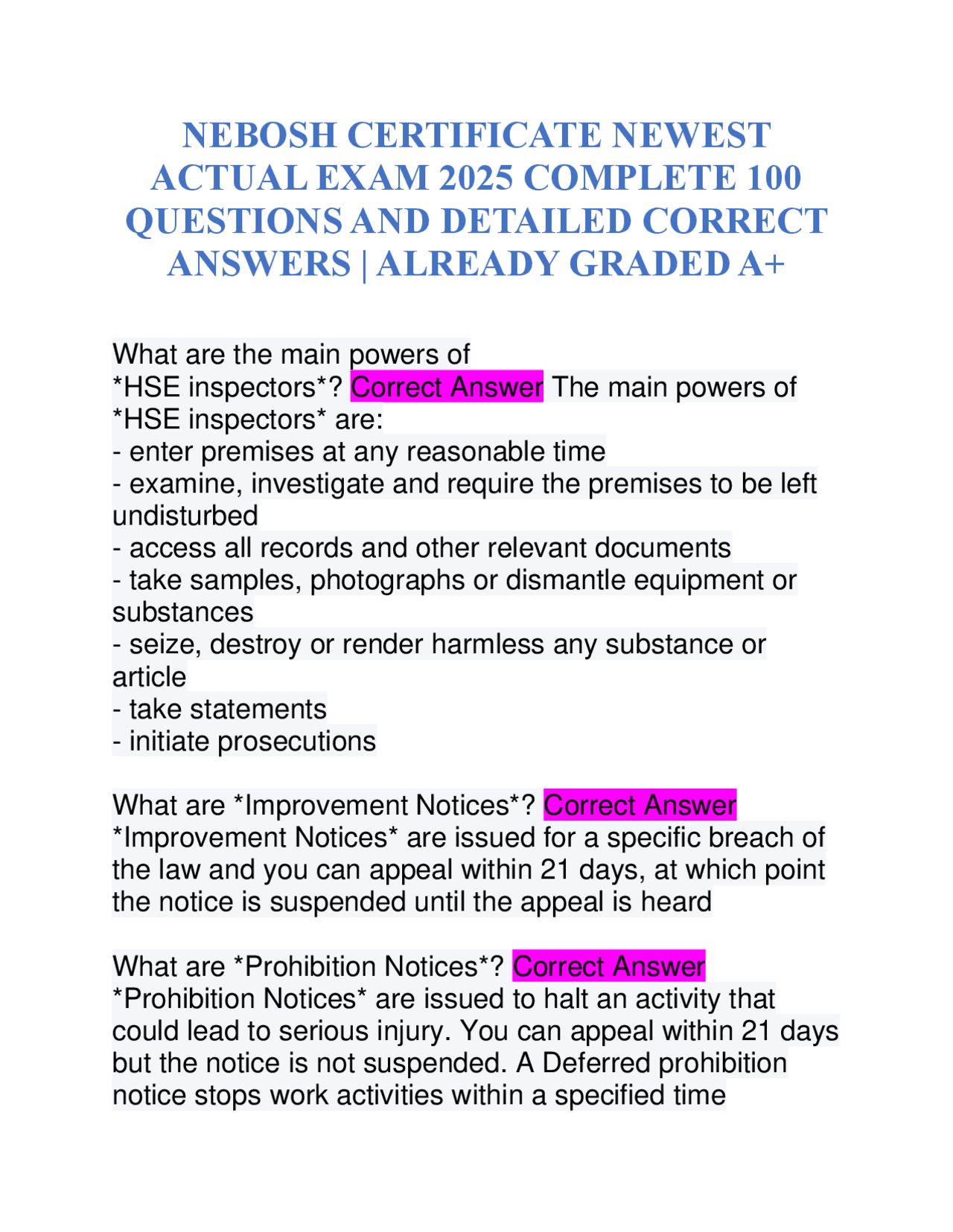Powers and Duties of HSE Inspectors and Health and Safety Regulations ...