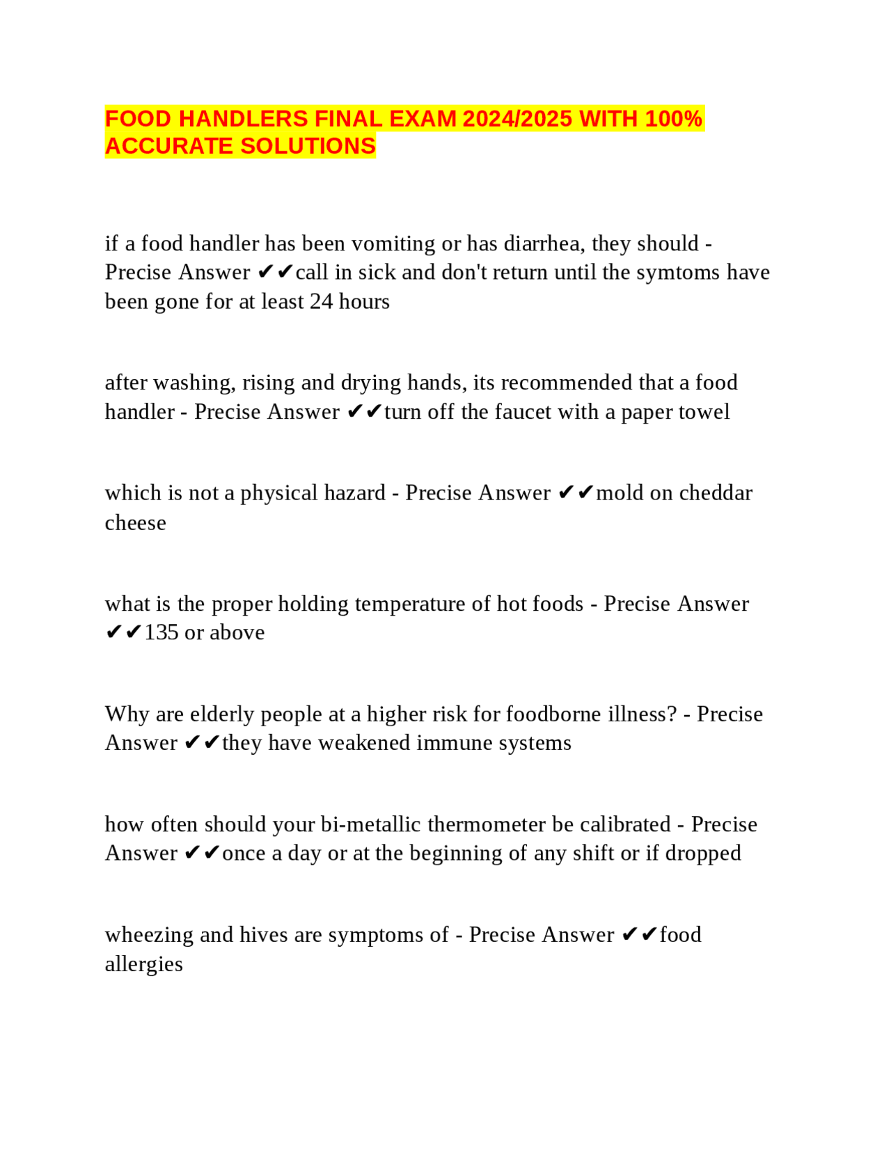 FOOD HANDLERS FINAL EXAM 2024/2025 WITH 100% ACCURATE SOLUTIONS | Exams ...