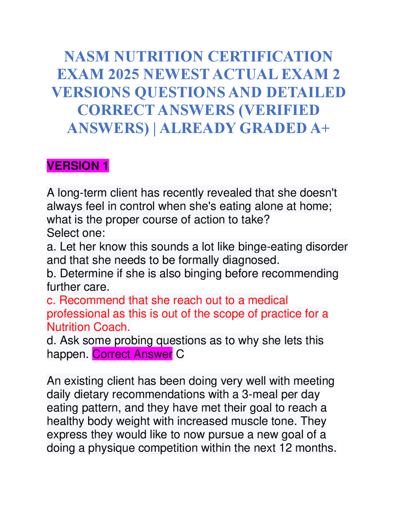 Nutrition and Exercise Quiz | Exams Nursing | Docsity