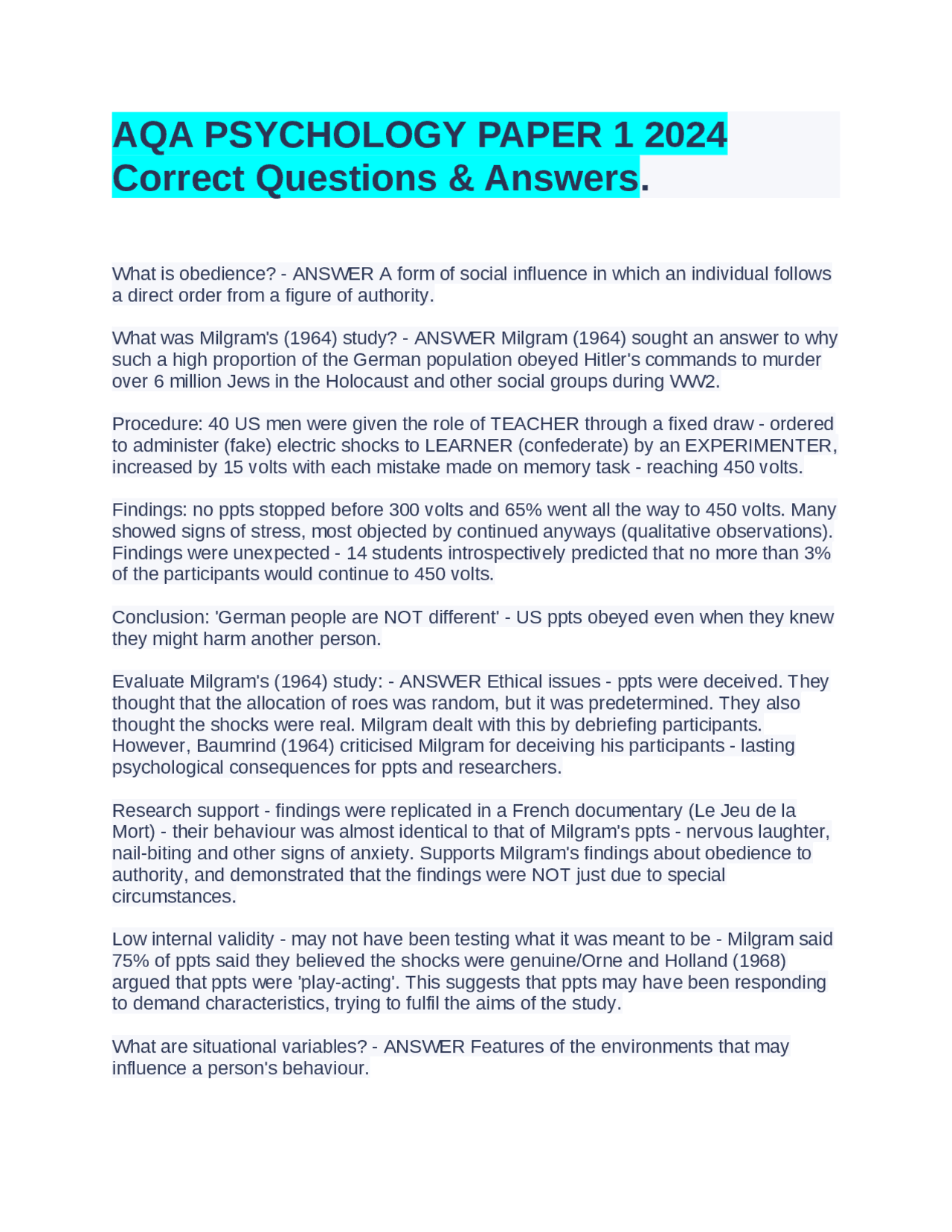 AQA PSYCHOLOGY PAPER 1 2024 Correct Questions & Answers. | Exams ...