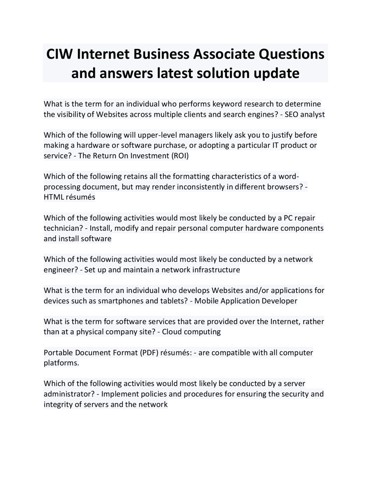 CIW Internet Business Associate Questions and Answers | Exams Advanced ...