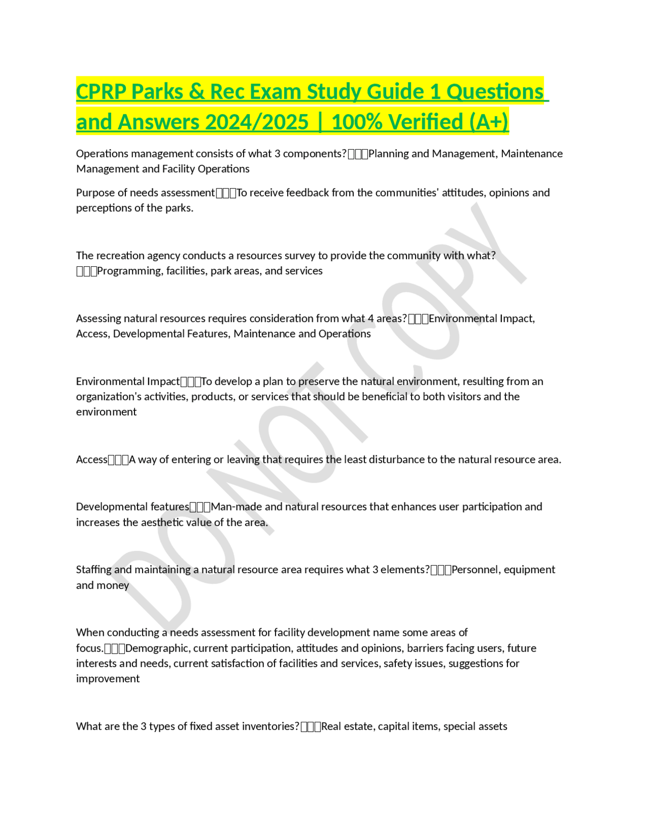 CPRP Parks & Rec Exam Study Guide 1 Questions and Answers 2024/2025 ...