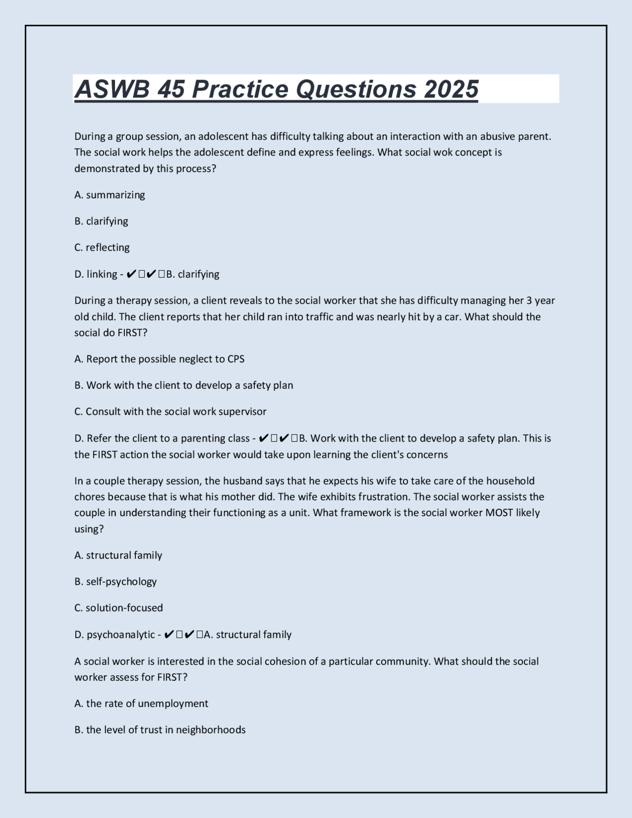 ASWB 45 Practice Questions 2025 With Answers|12 Pages | Exams Social ...
