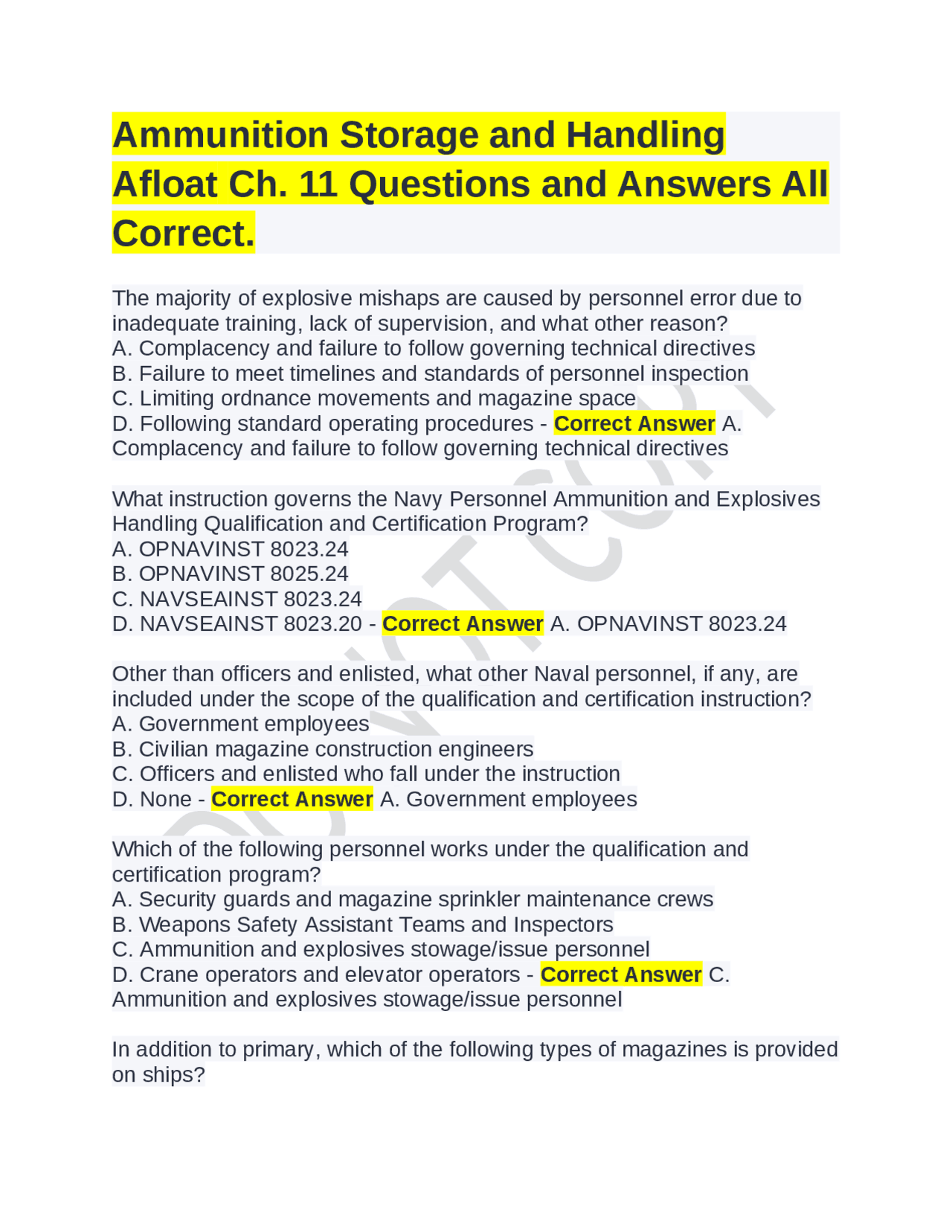 Ammunition Storage and Handling Afloat Ch. 11 Questions and Answers All ...