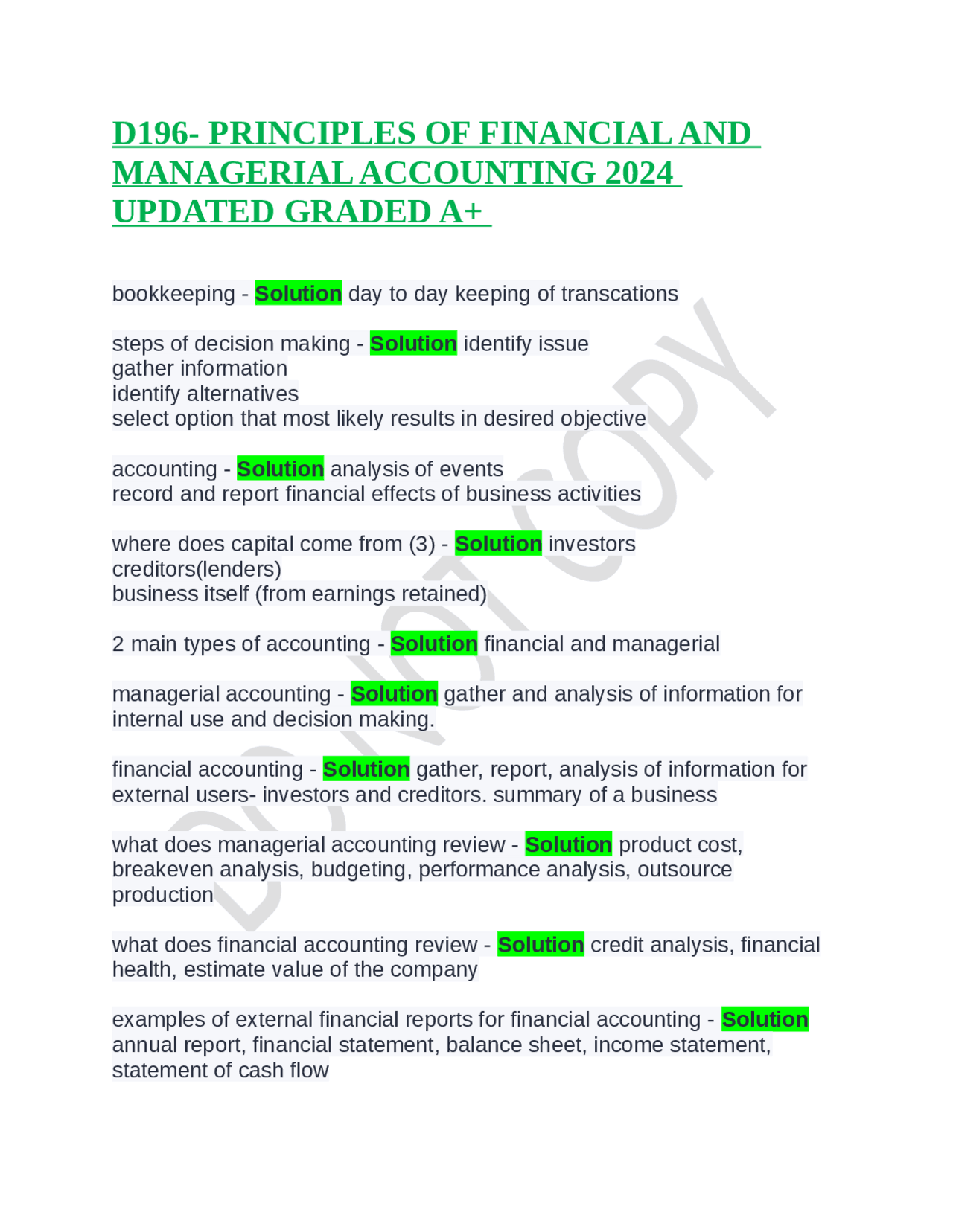 D196- PRINCIPLES OF FINANCIAL AND MANAGERIAL ACCOUNTING 2024 UPDATED ...