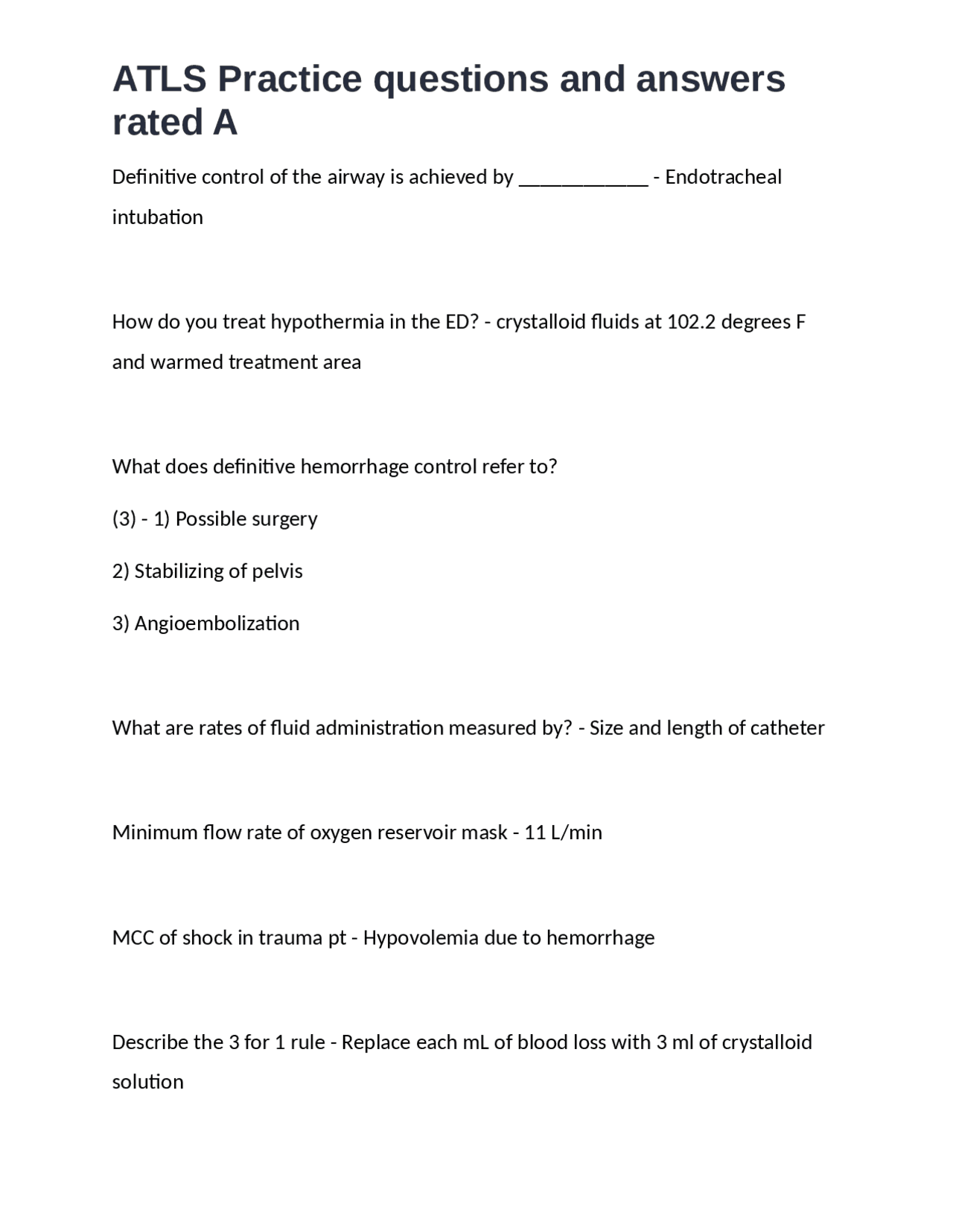 ATLS Practice Questions and Answers | Exams Nursing | Docsity