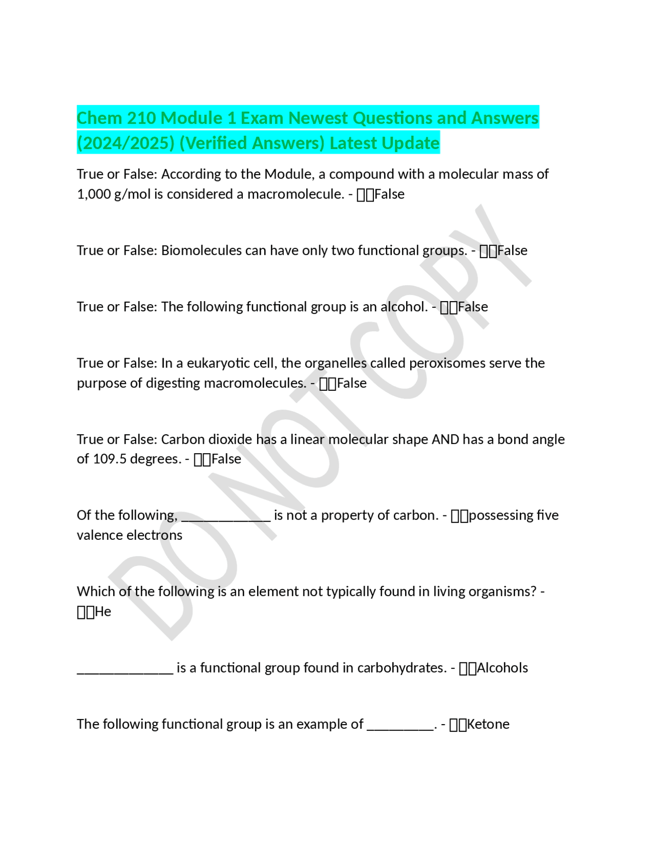 Chem 210 Module 1 Exam Newest Questions and Answers (2024/2025 ...