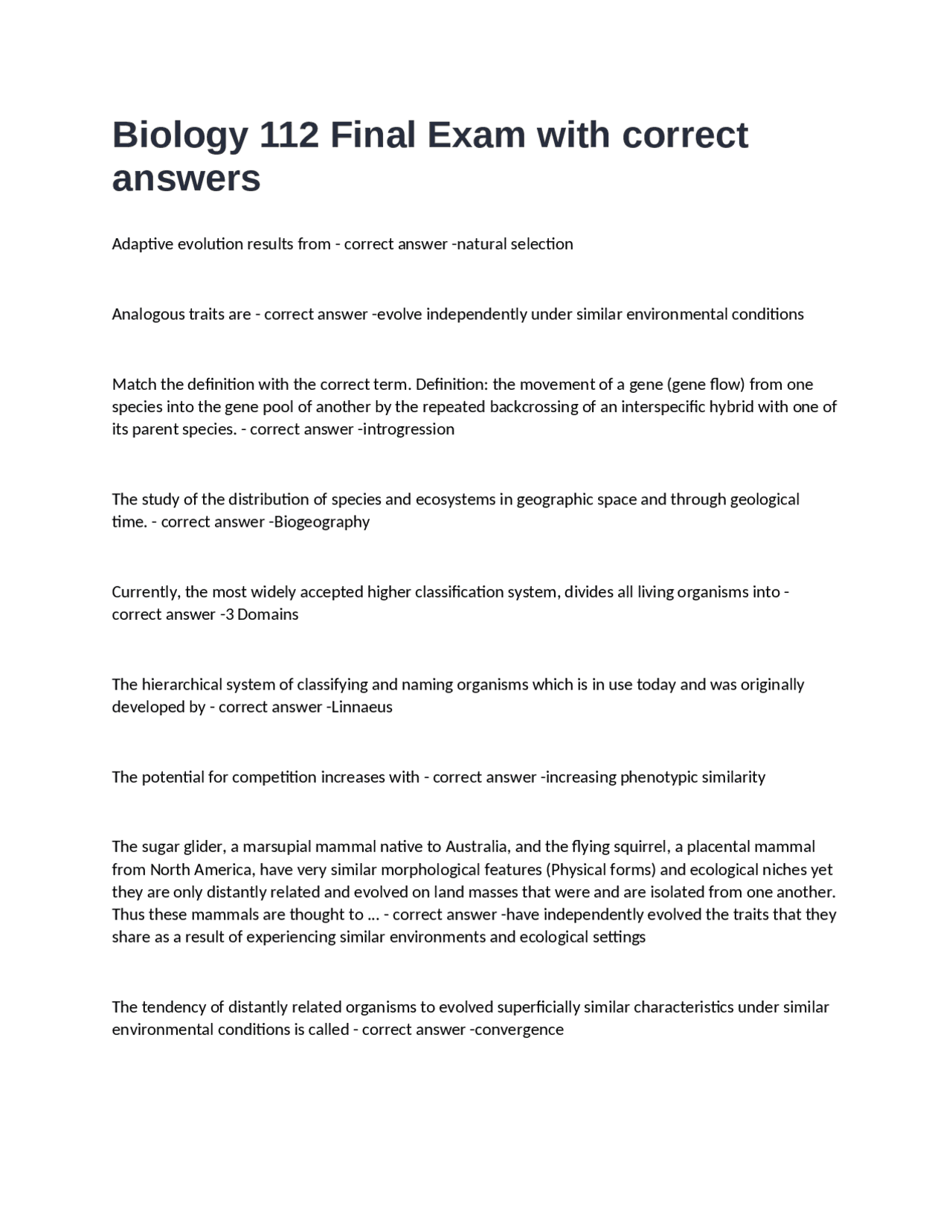 Biology 112 Final Exam with Correct Answers | Exams Biology | Docsity