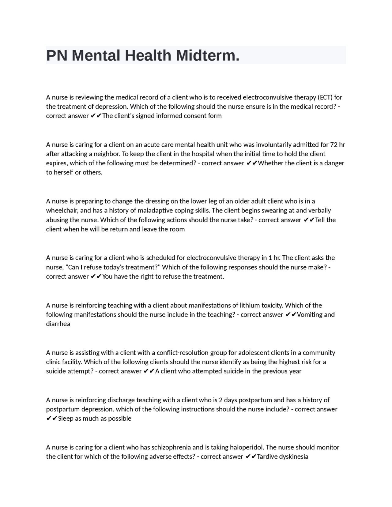 Nursing Interventions in Mental Health Care | Exams Nursing | Docsity