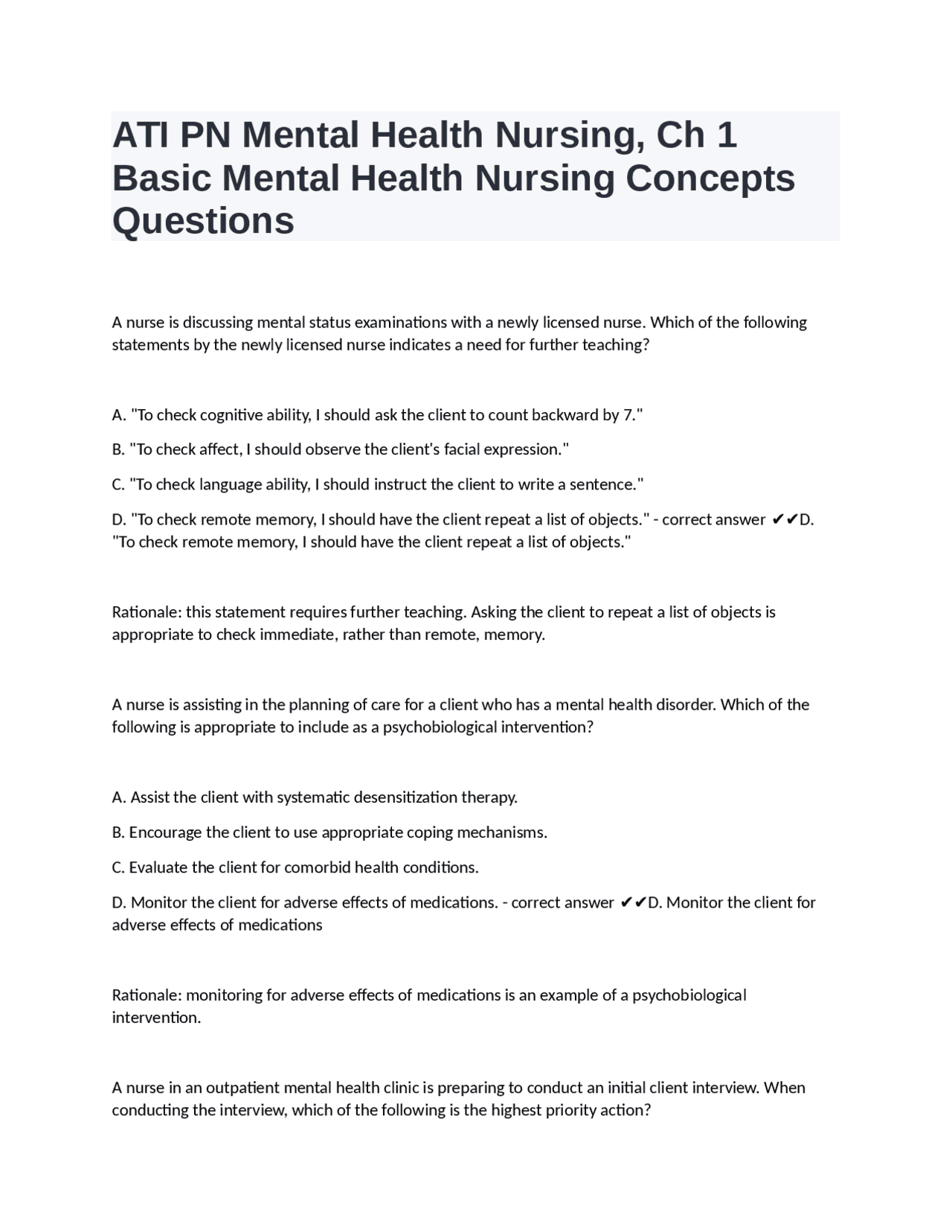 Basic Mental Health Nursing Concepts | Exams Nursing | Docsity