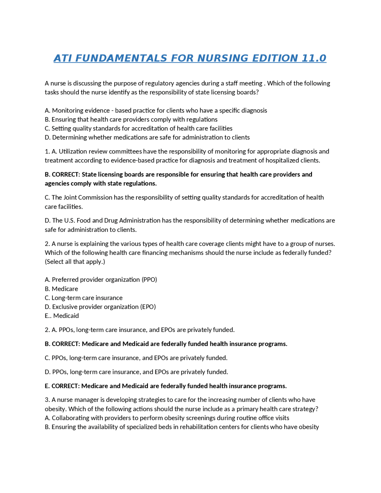 ATI FUNDAMENTALS FOR NURSING EDITION 11.0 - Copy | Exams Advanced ...