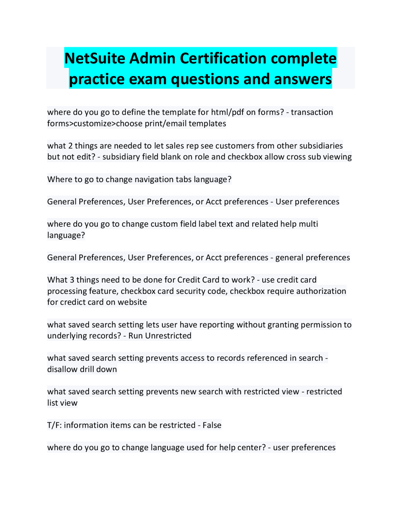 NetSuite Admin Certification Practice Exam Questions and Answers ...