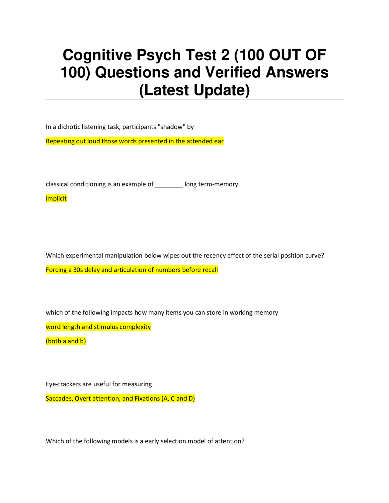 Cognitive Psych Test 2 (100 OUT OF 100) Questions and Verified Answers ...