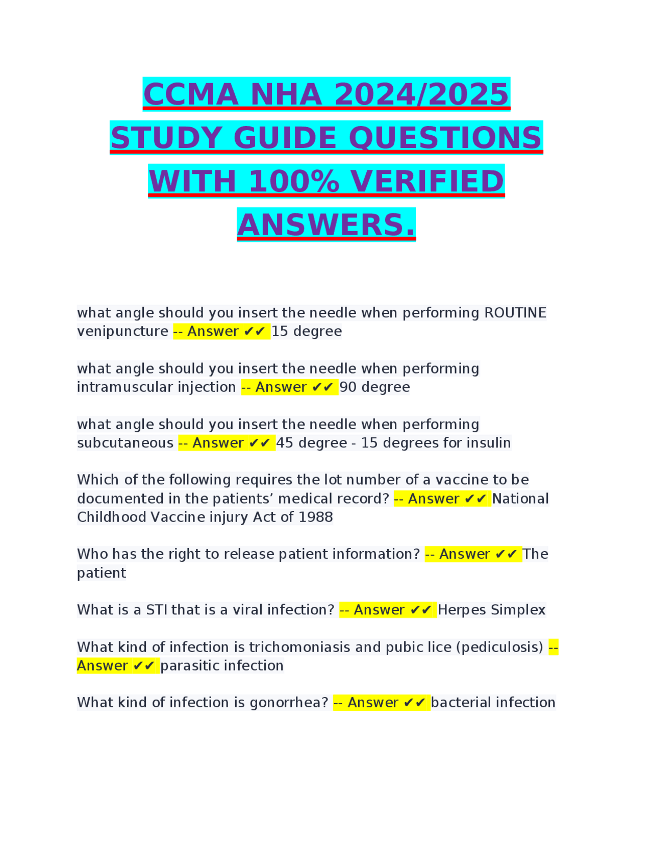 CCMA NHA 2024/2025 STUDY GUIDE QUESTIONS WITH 100% VERIFIED ANSWERS ...
