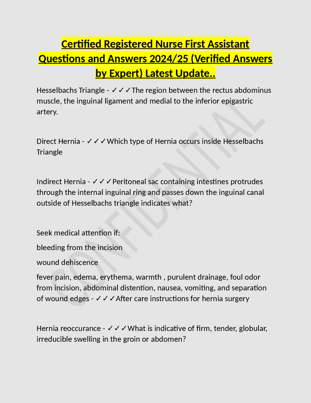 Certified Registered Nurse First Assistant Questions and Answers 2024/ ...