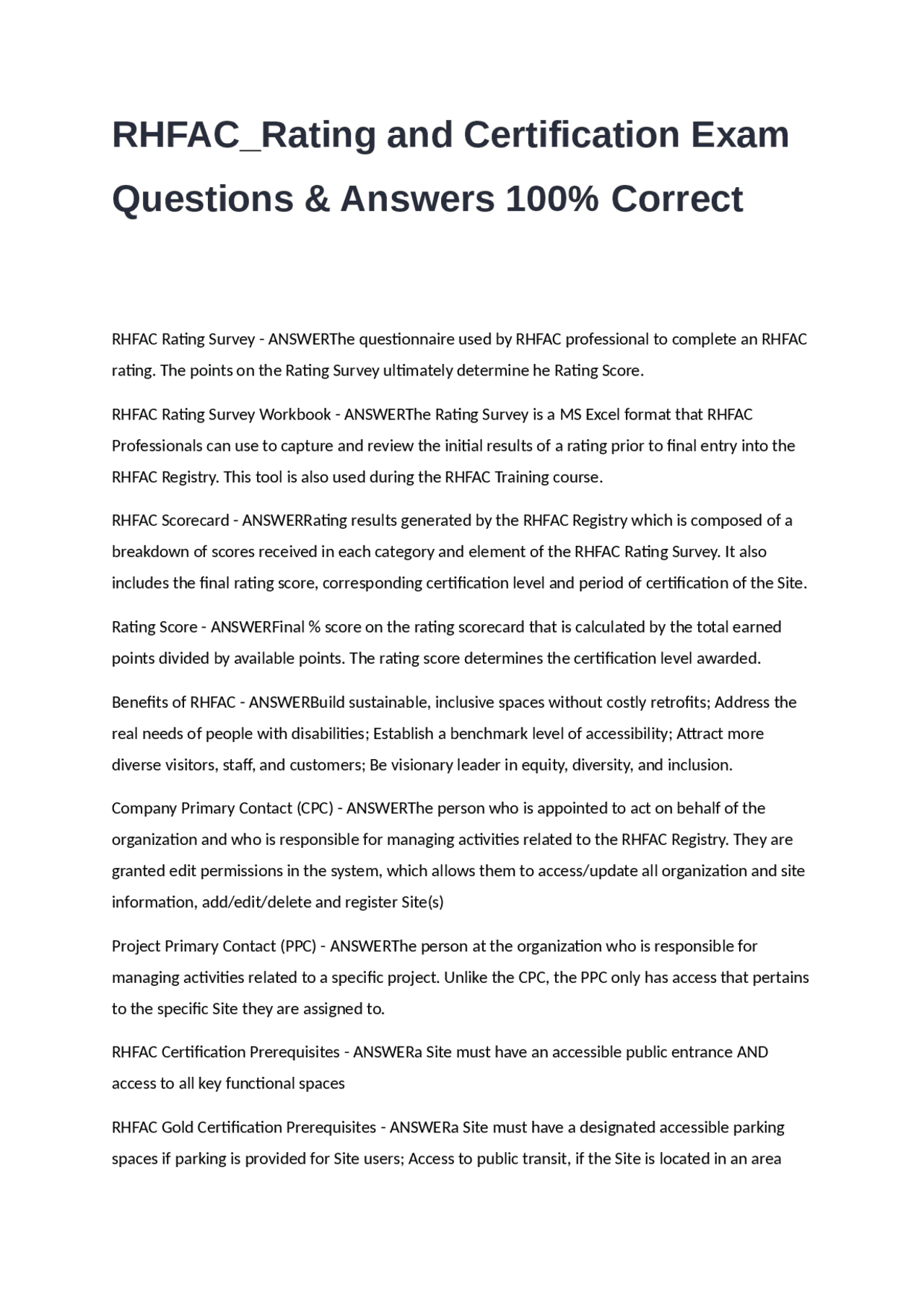 RHFAC_Rating and Certification Exam Questions & Answers 100% Correct ...