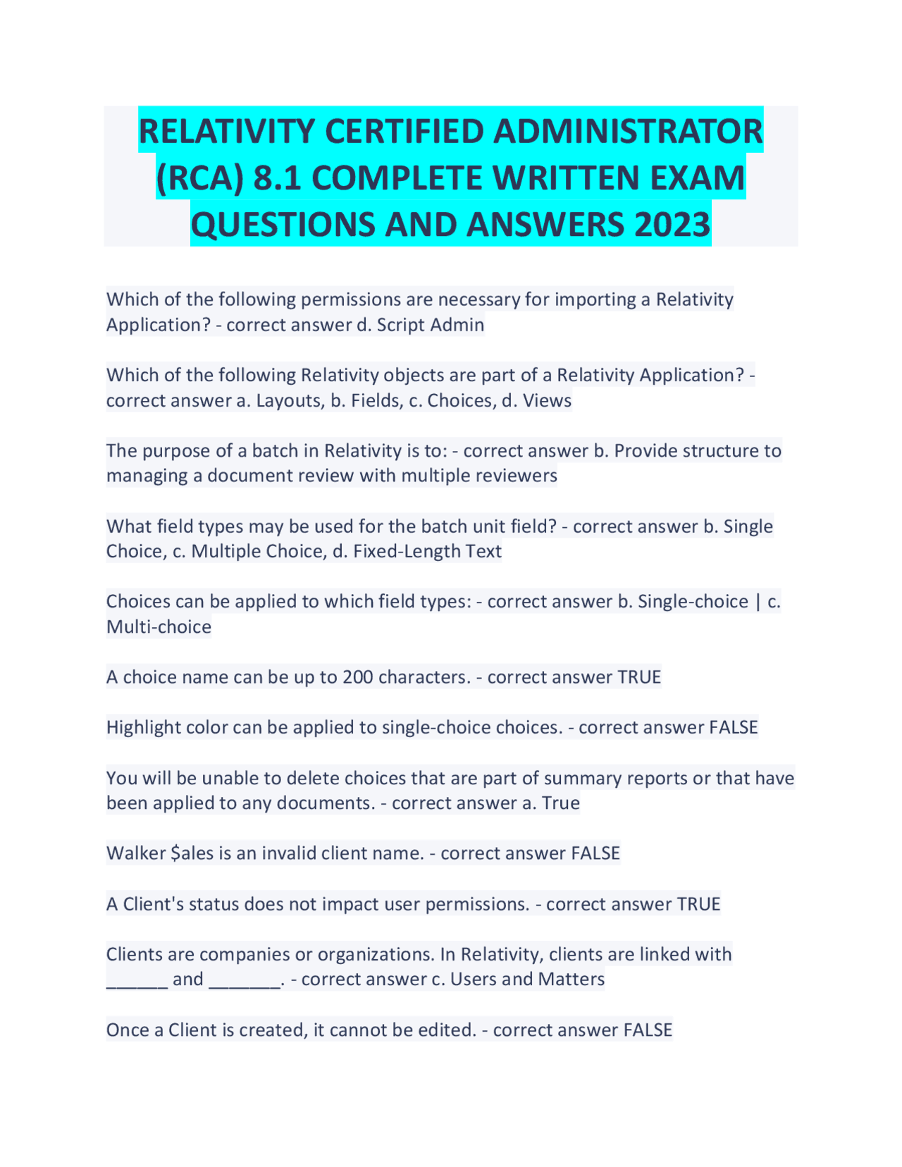 Relativity Certified Administrator (RCA) 8.1 Exam Questions and Answers ...