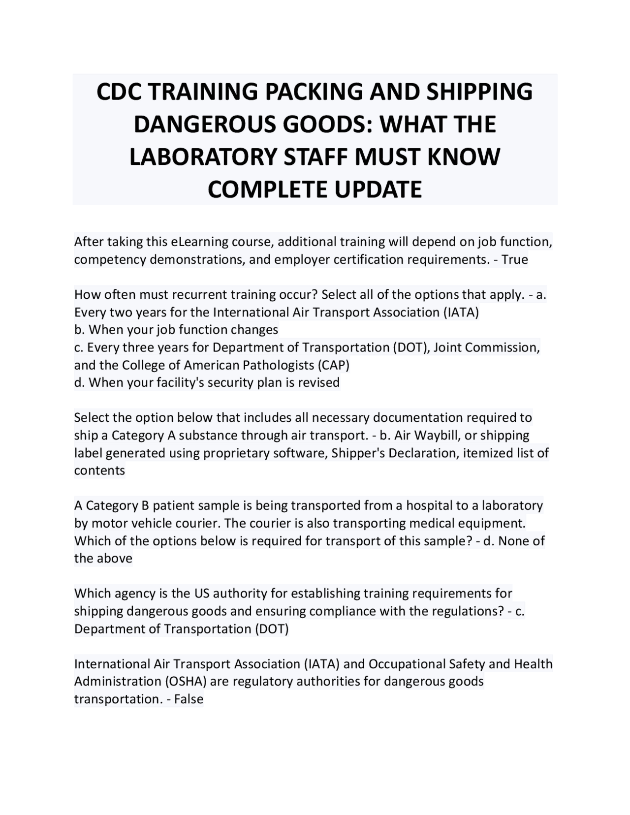 CDC TRAINING PACKING AND SHIPPING DANGEROUS GOODS WHAT THE LABORATORY ...