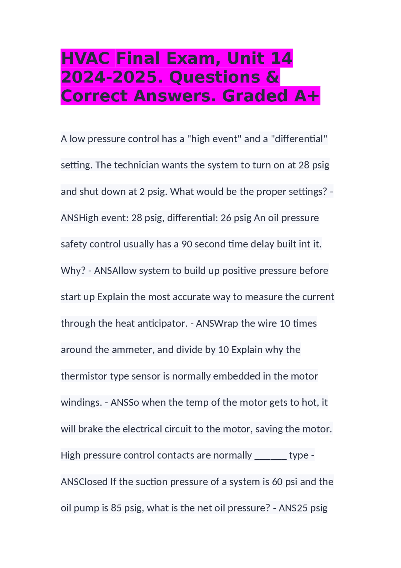 HVAC Final Exam: Unit 14 Questions and Answers | Exams Refrigeration ...