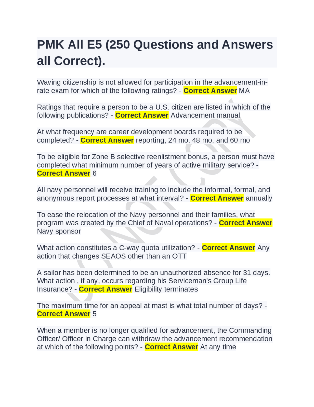 PMK All E5 (250 Questions and Answers all Correct). | Exams Military ...