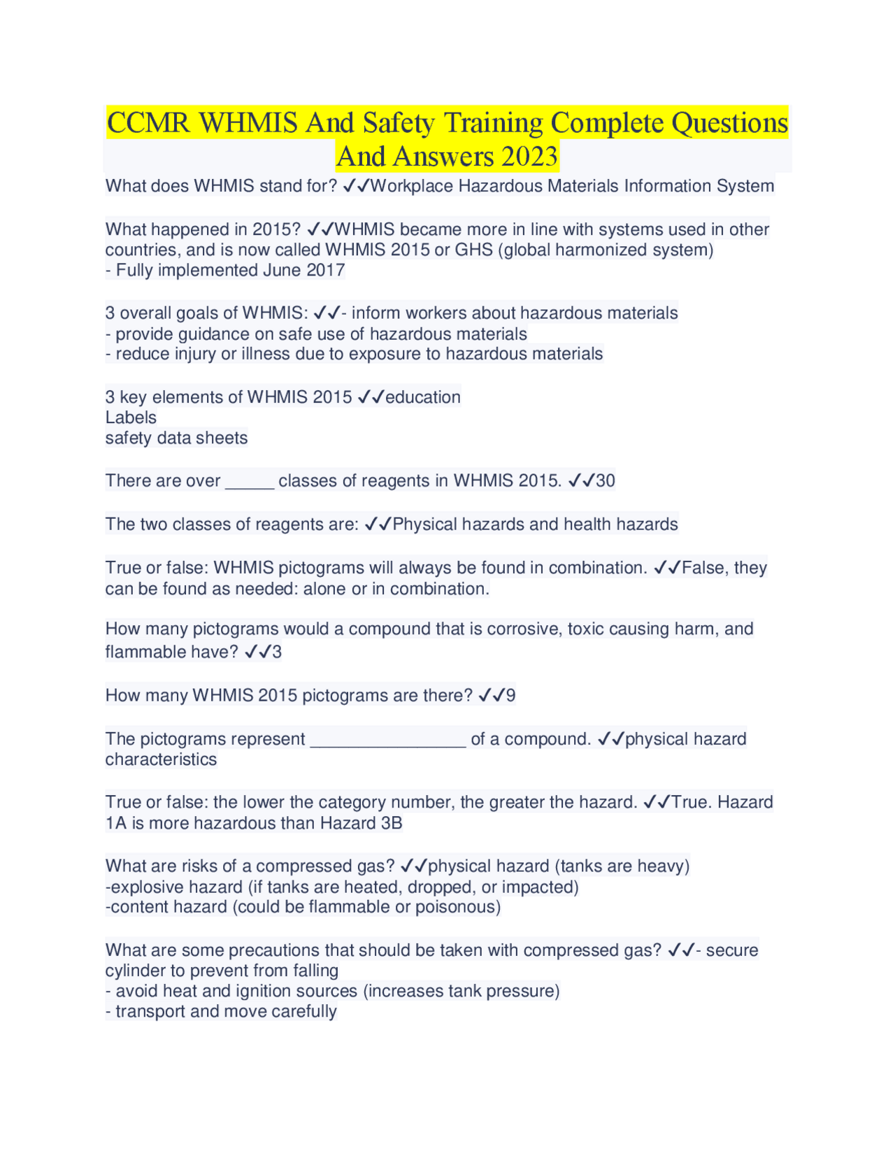 WHMIS 2015 and Hazardous Materials Safety | Exams Nursing | Docsity