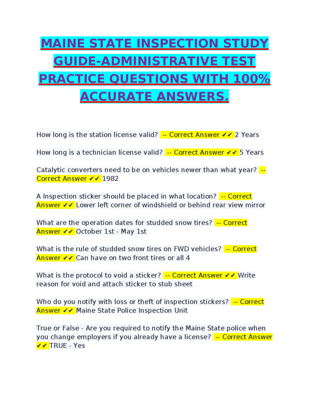 MAINE STATE INSPECTION STUDY GUIDE-ADMINISTRATIVE TEST PRACTICE ...