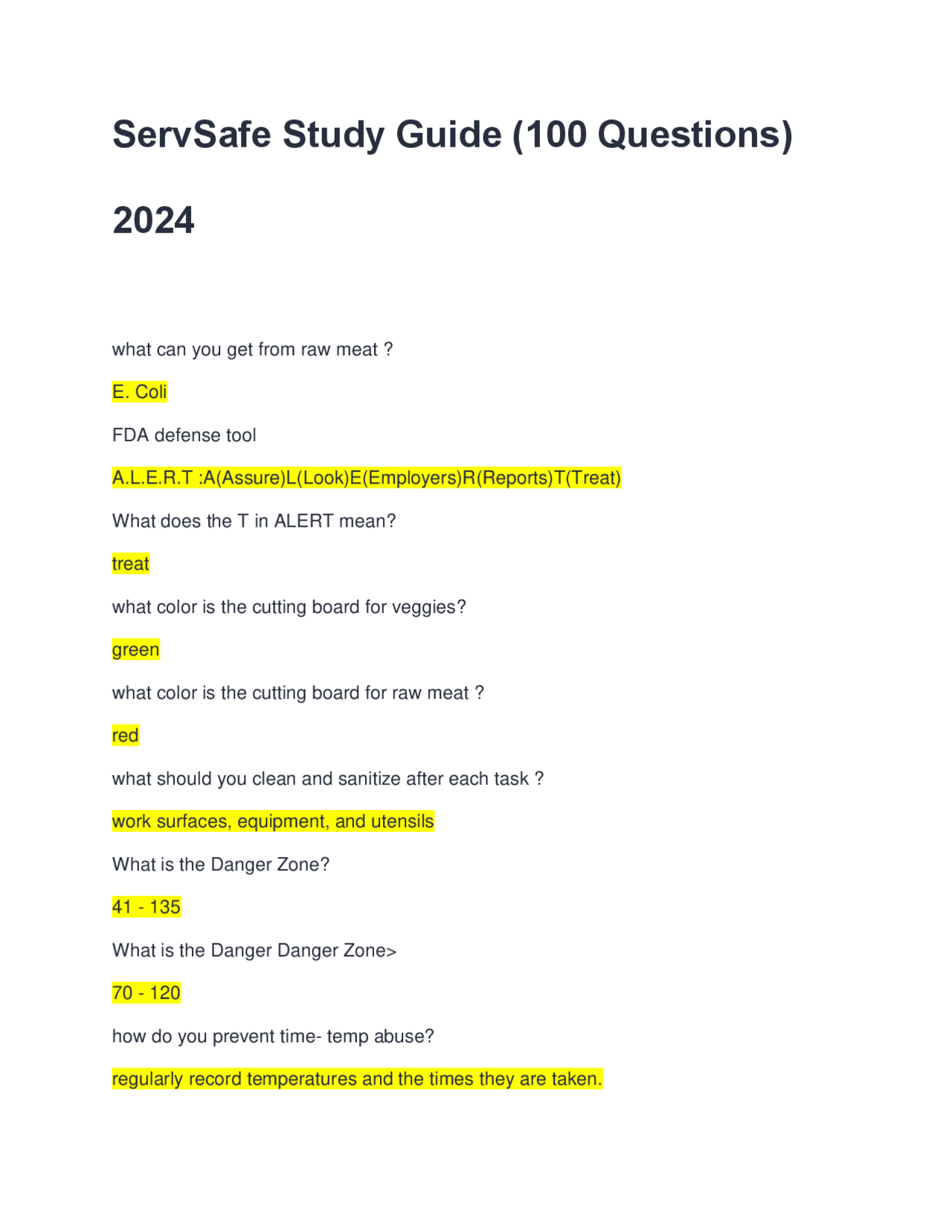 ServSafe Study Guide (100 Questions) | Exams Nursing | Docsity