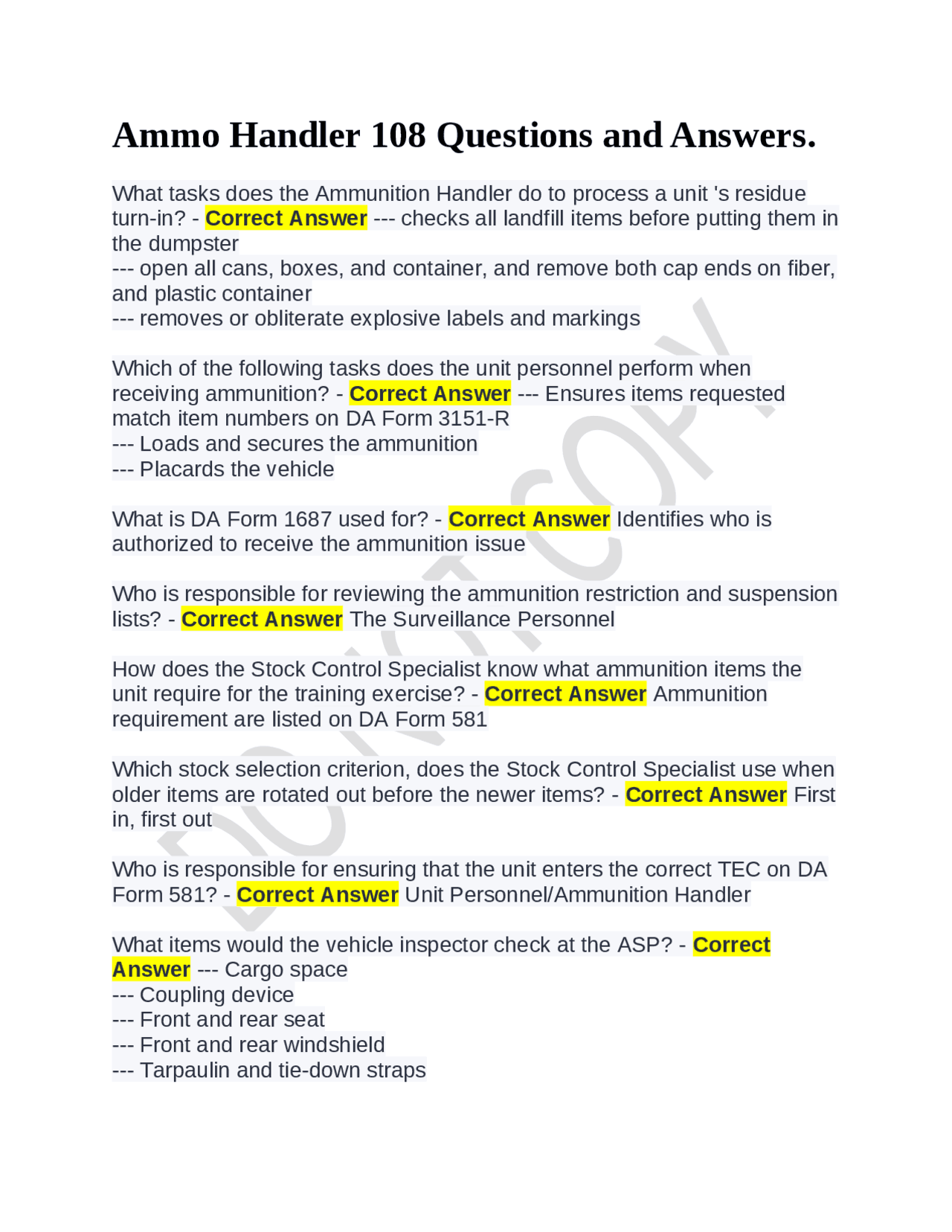 Ammo Handler 108 Questions and Answers. | Exams Military Strategy and ...