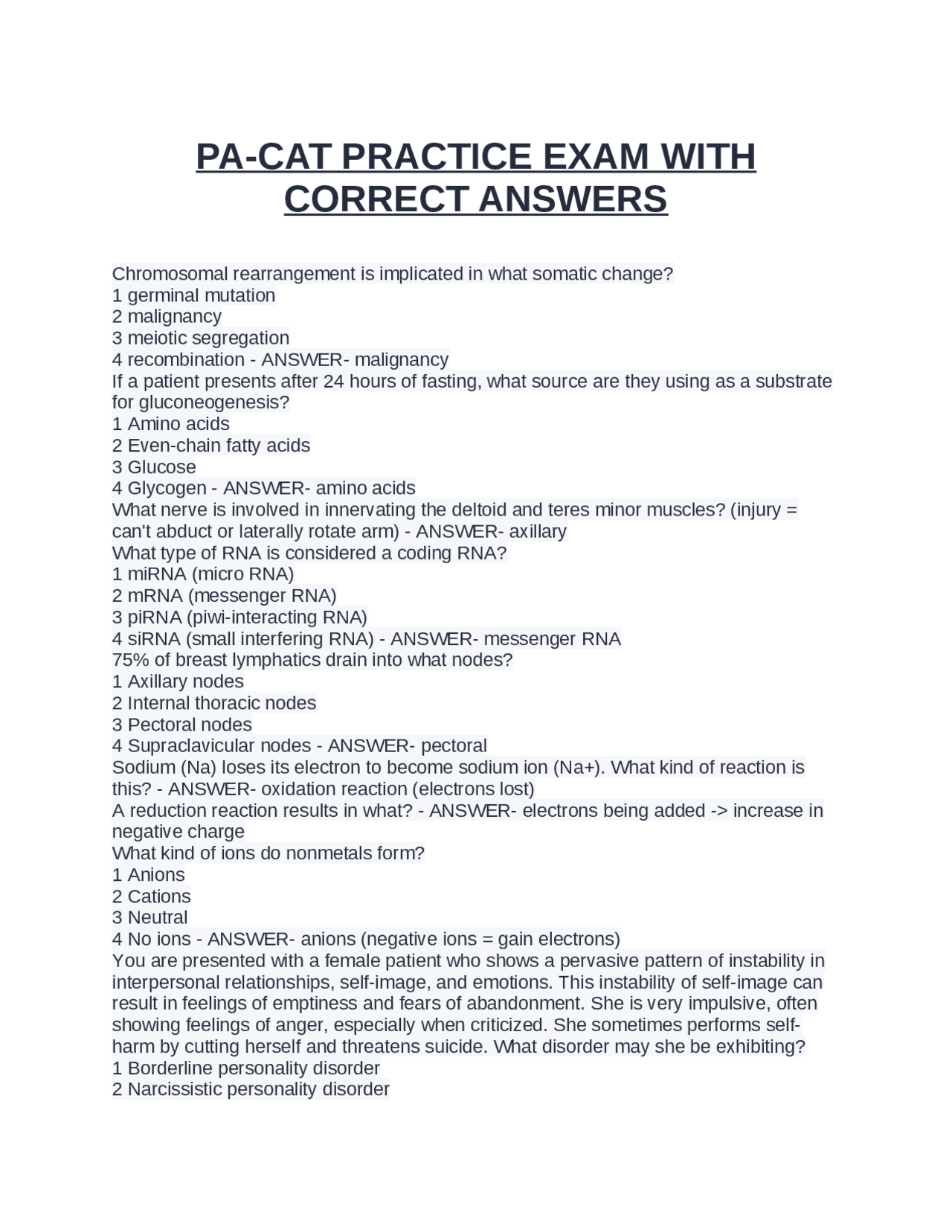 PA-CAT Practice Exam with Correct Answers | Exams Nursing | Docsity