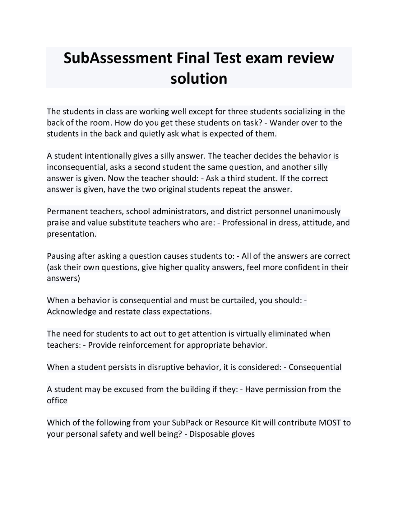 SubAssessment Final Test exam review solution | Exams Advanced ...