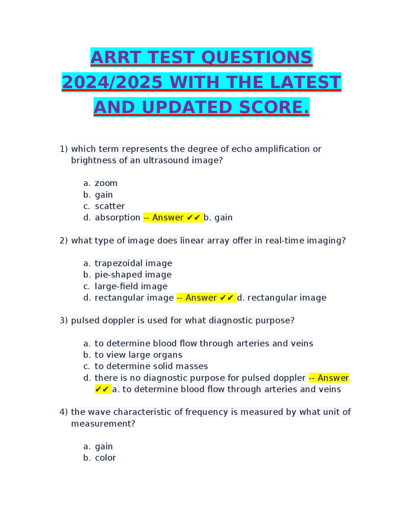 ARRT Test Questions 2024/2025 with Latest Updates | Exams Radiology ...