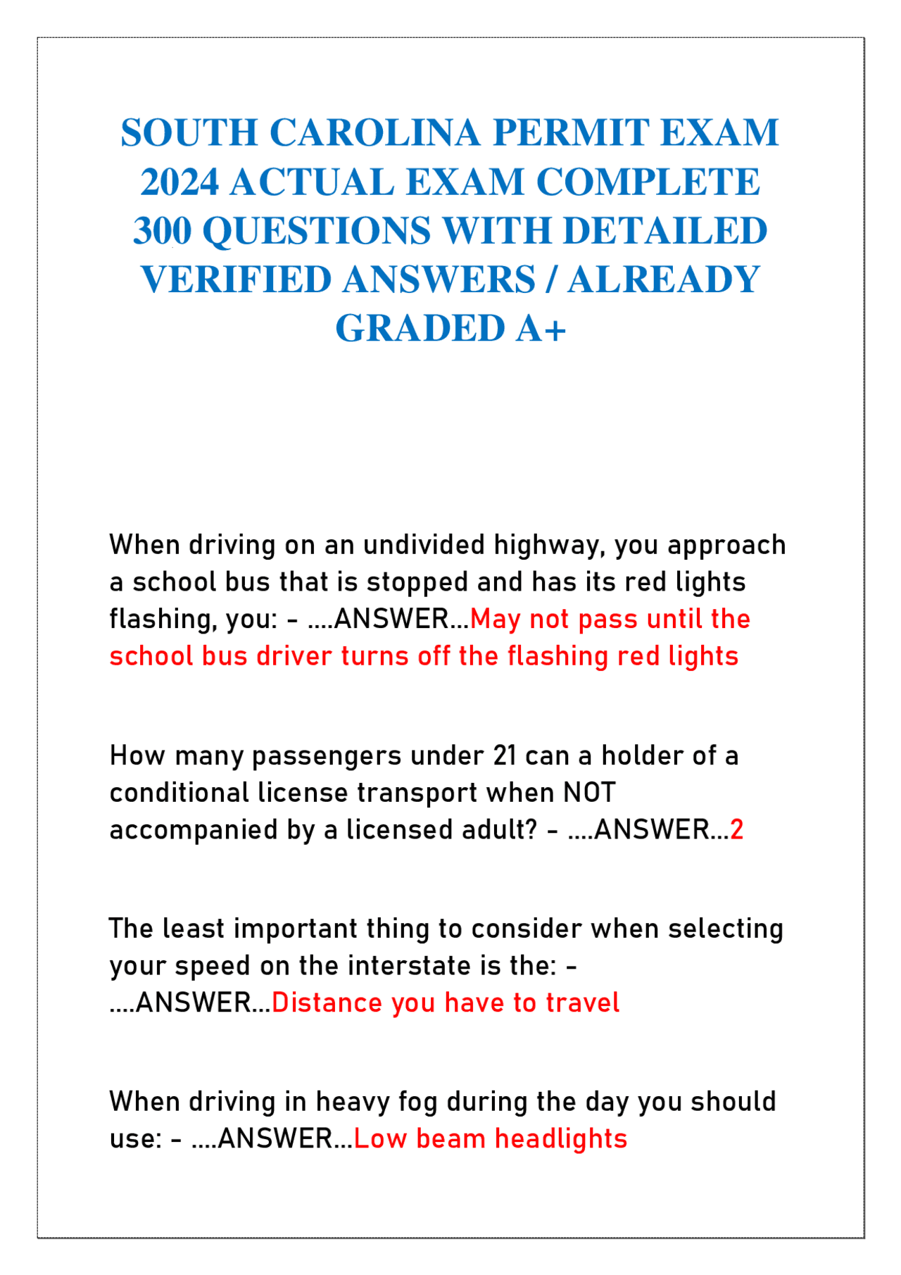 SOUTH CAROLINA INSURANCE EXAM 2024 ACTUAL EXAM 2 VERSIONS (VERSION A ...