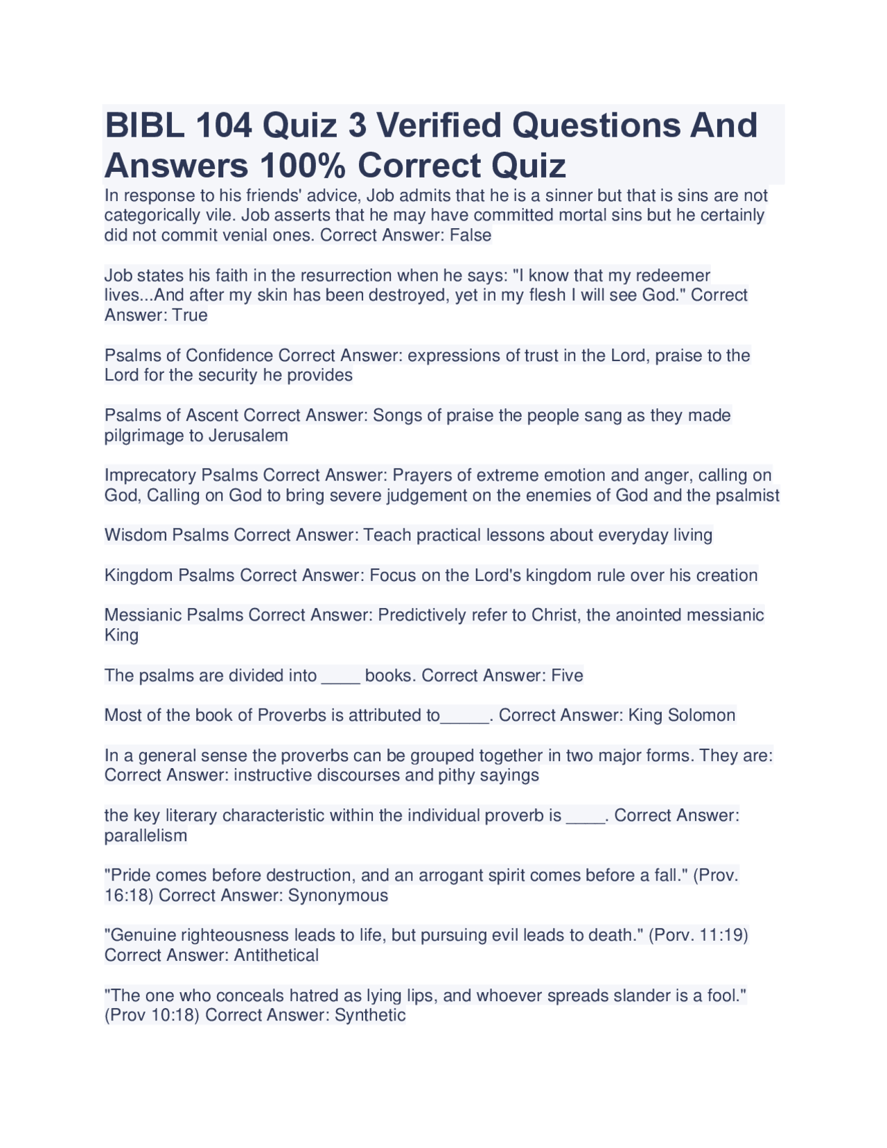 BIBL 104 Quiz 3 Verified Questions And Answers - Prof. Tate | Exams ...