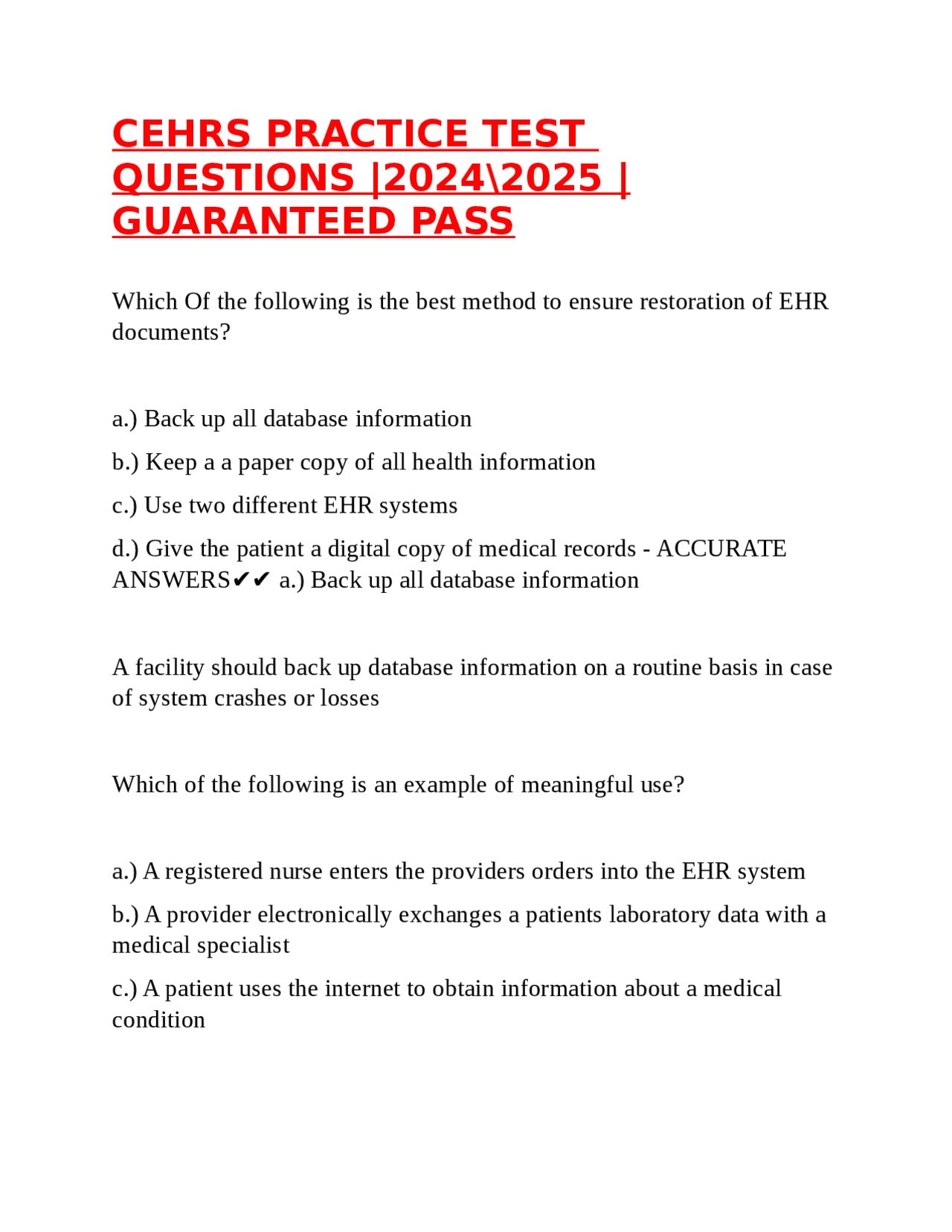 CEHRS PRACTICE TEST QUESTIONS |2024\2025 |GUARANTEED PASS | Exams ...
