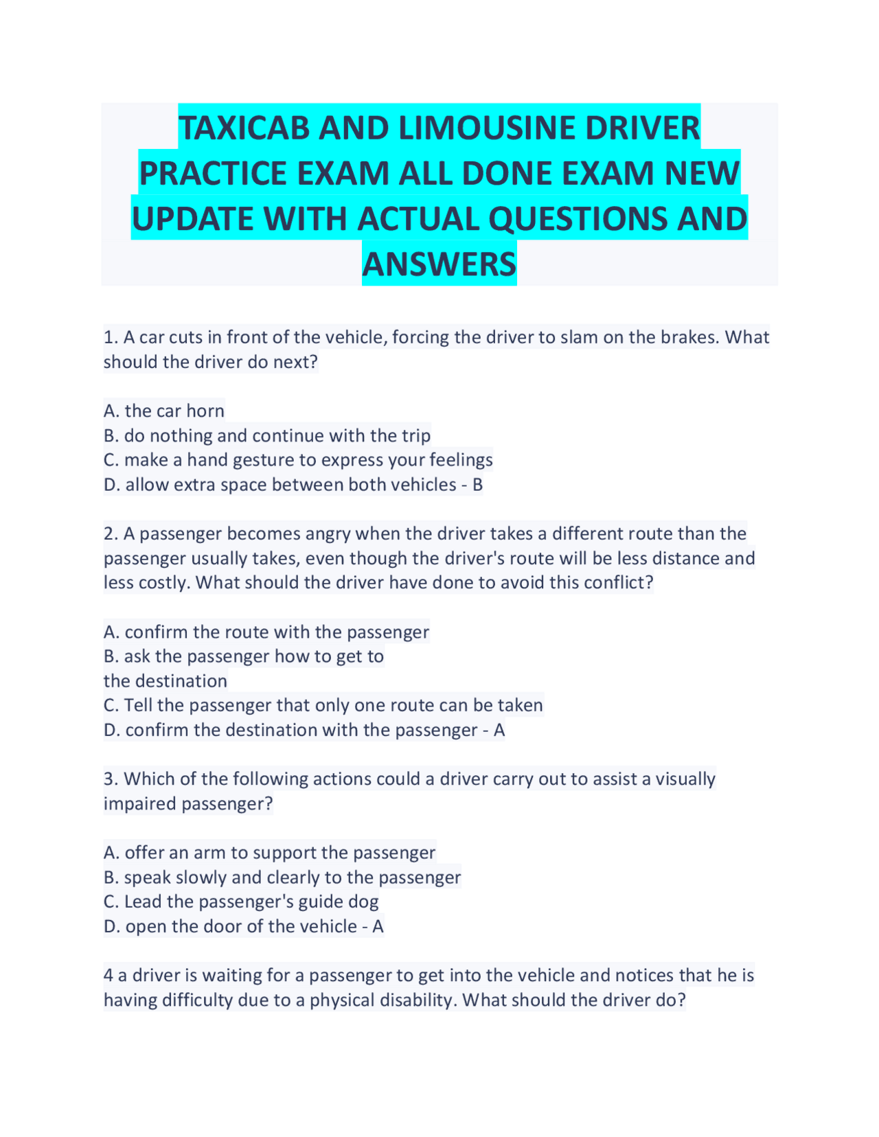 Taxicab and Limousine Driver Practice Exam | Exams Advanced Education ...