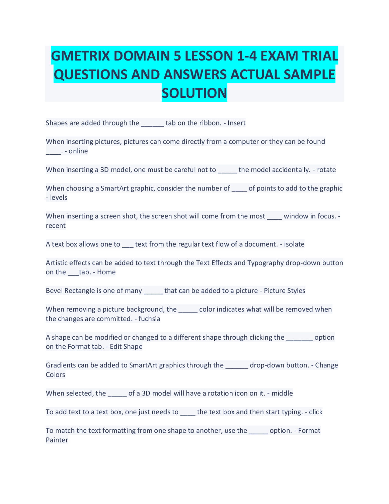 GMETRIX DOMAIN 5 LESSON 1-4 EXAM TRIAL QUESTIONS AND ANSWERS ACTUAL ...