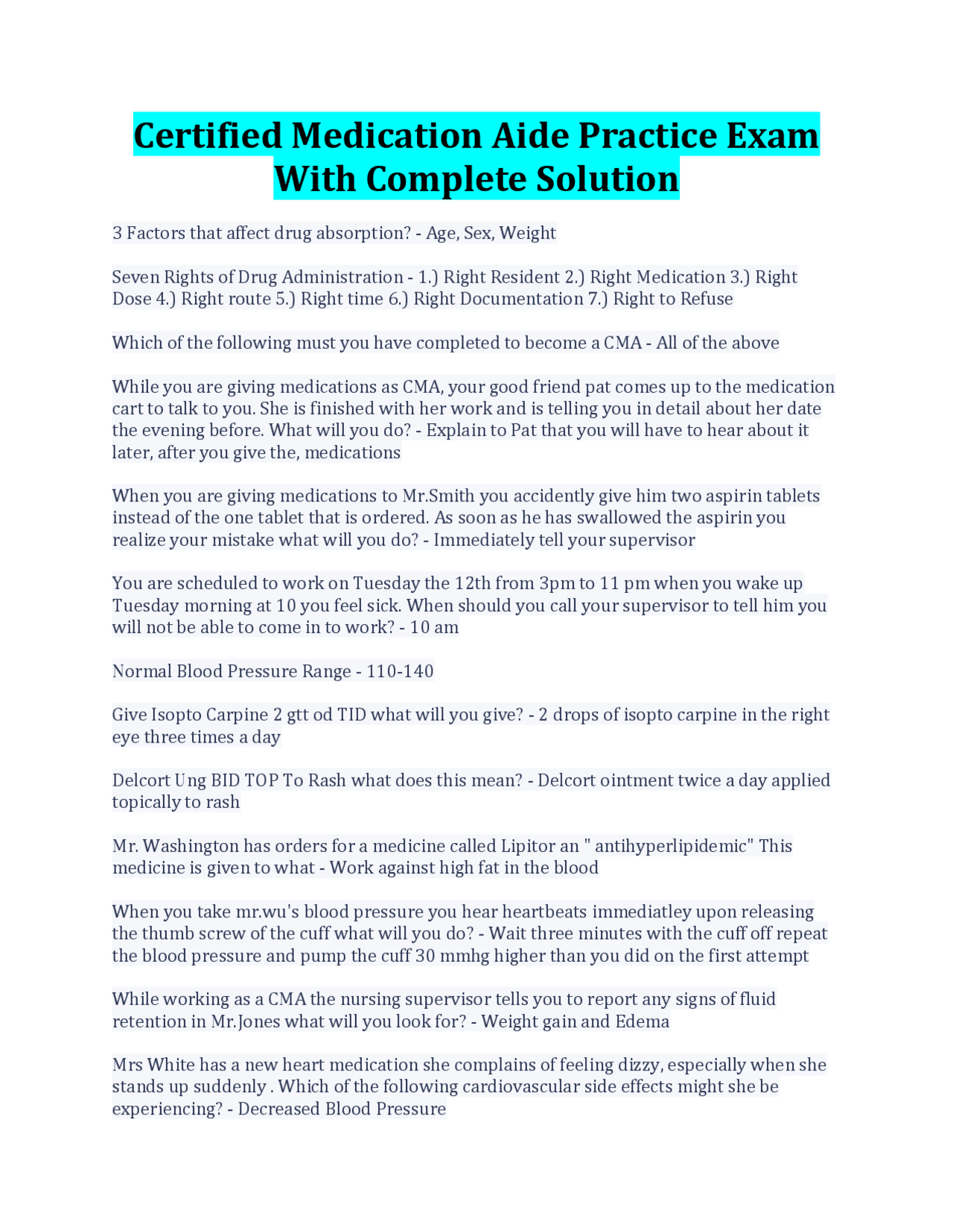 Certified Medication Aide Practice Exam With Complete Solution | Exams ...