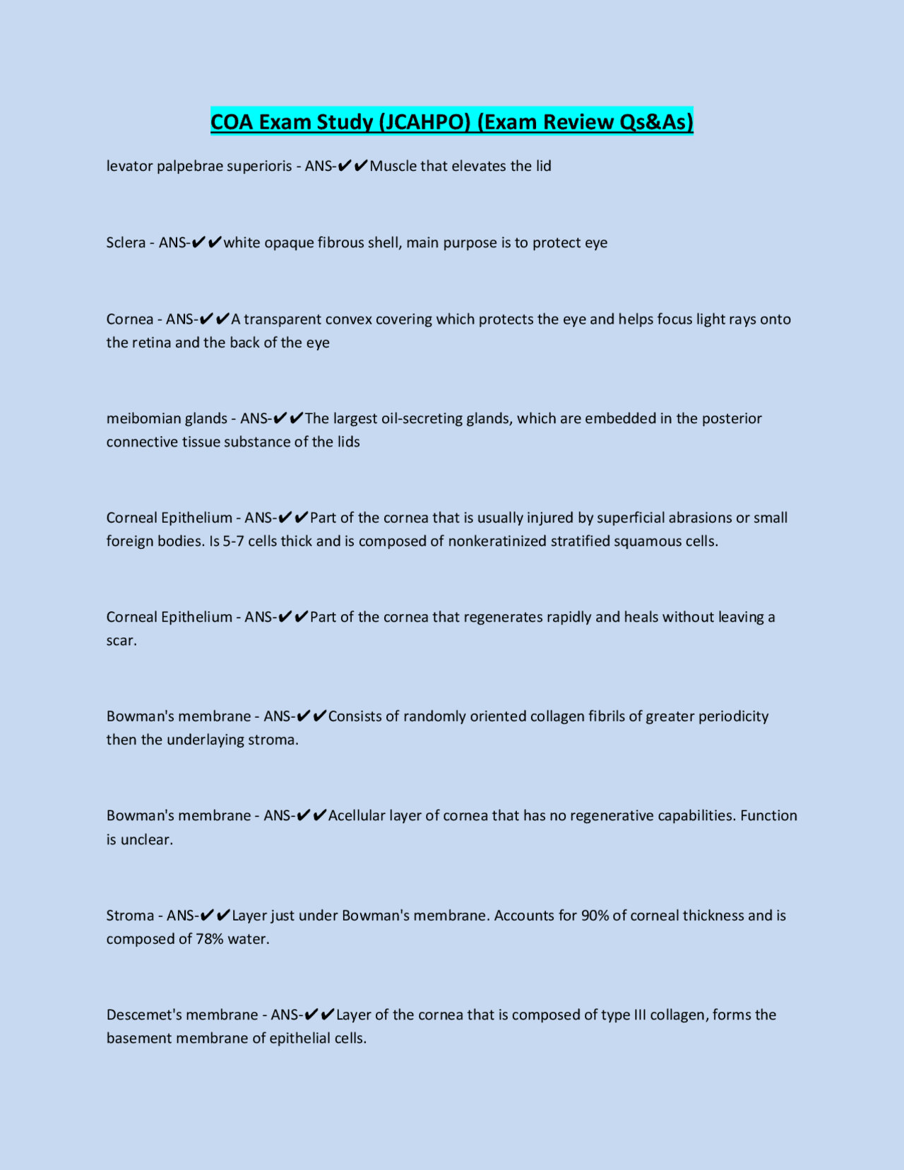 COA Exam Study (JCAHPO) (Exam Review Qs&As) | Exams Nursing | Docsity
