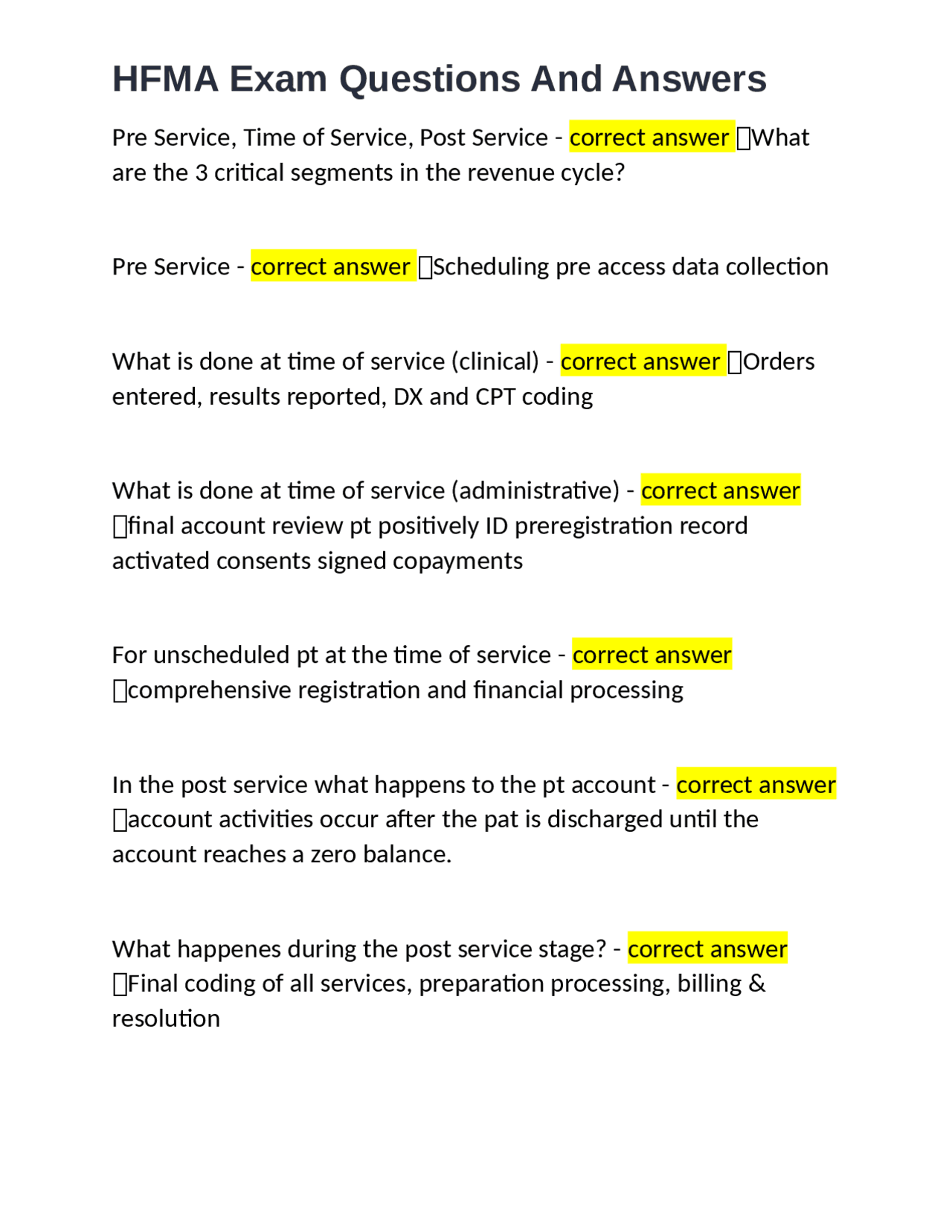 HFMA Exam Questions and Answers: Understanding the Revenue Cycle ...