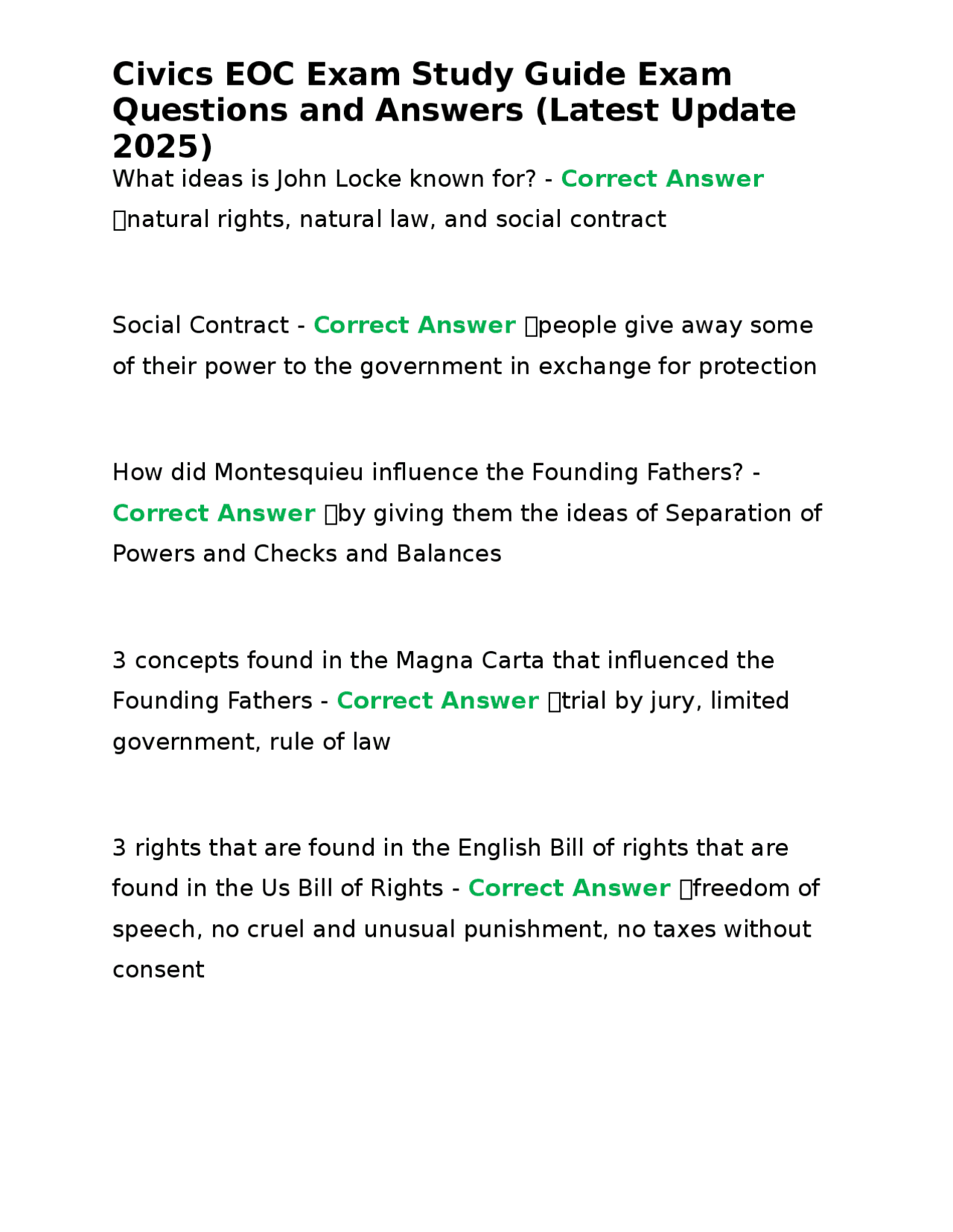 Civics EOC Exam Study Guide Exam Questions and Answers (Latest Update ...