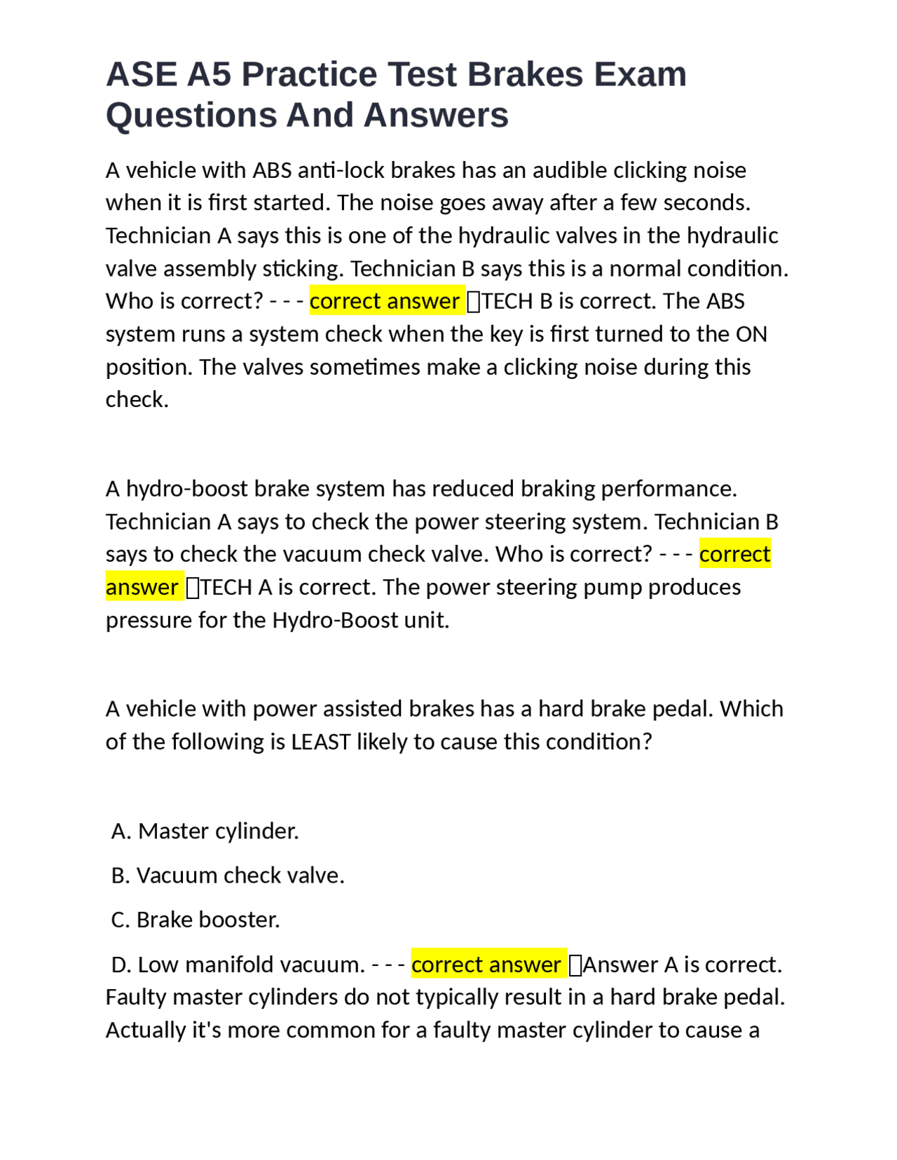 ASE A5 Practice Test Brakes Exam Questions And Answers | Exams ...