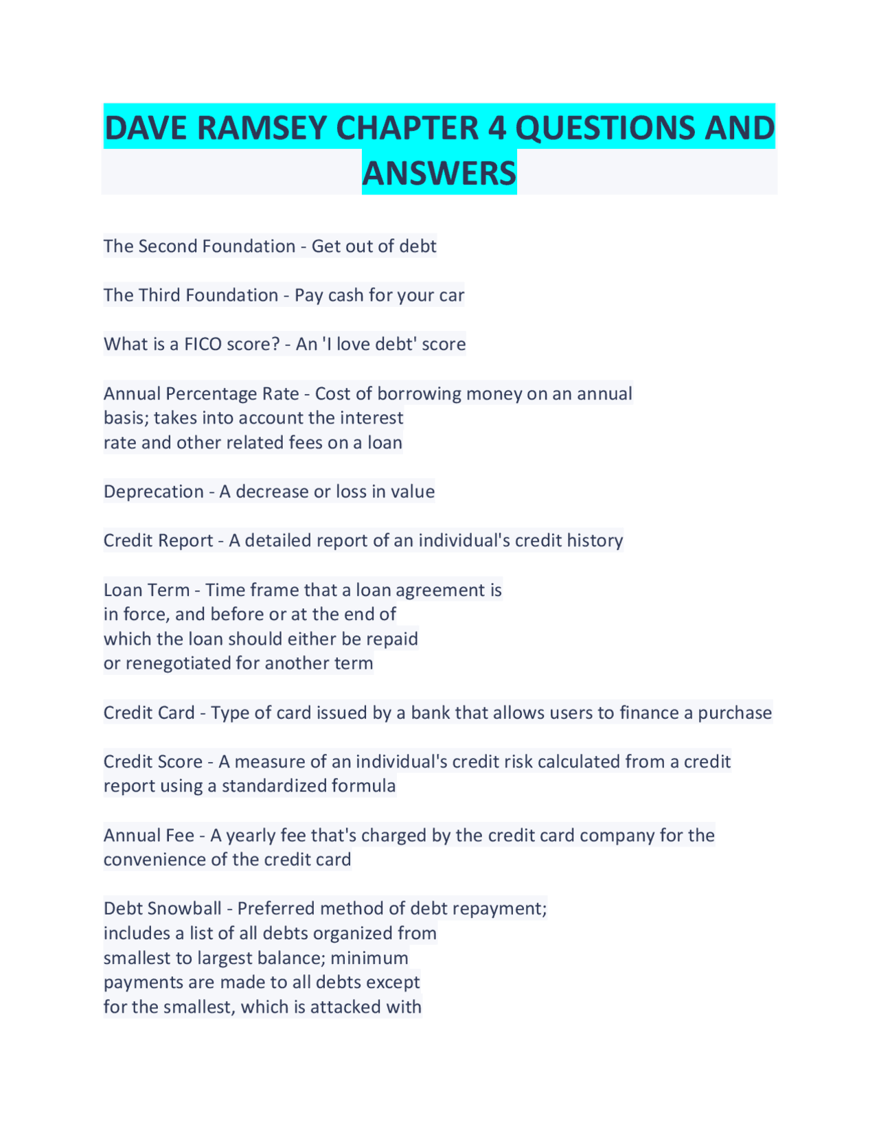 DAVE RAMSEY CHAPTER 4 QUESTIONS AND ANSWERS | Exams Advanced Education ...