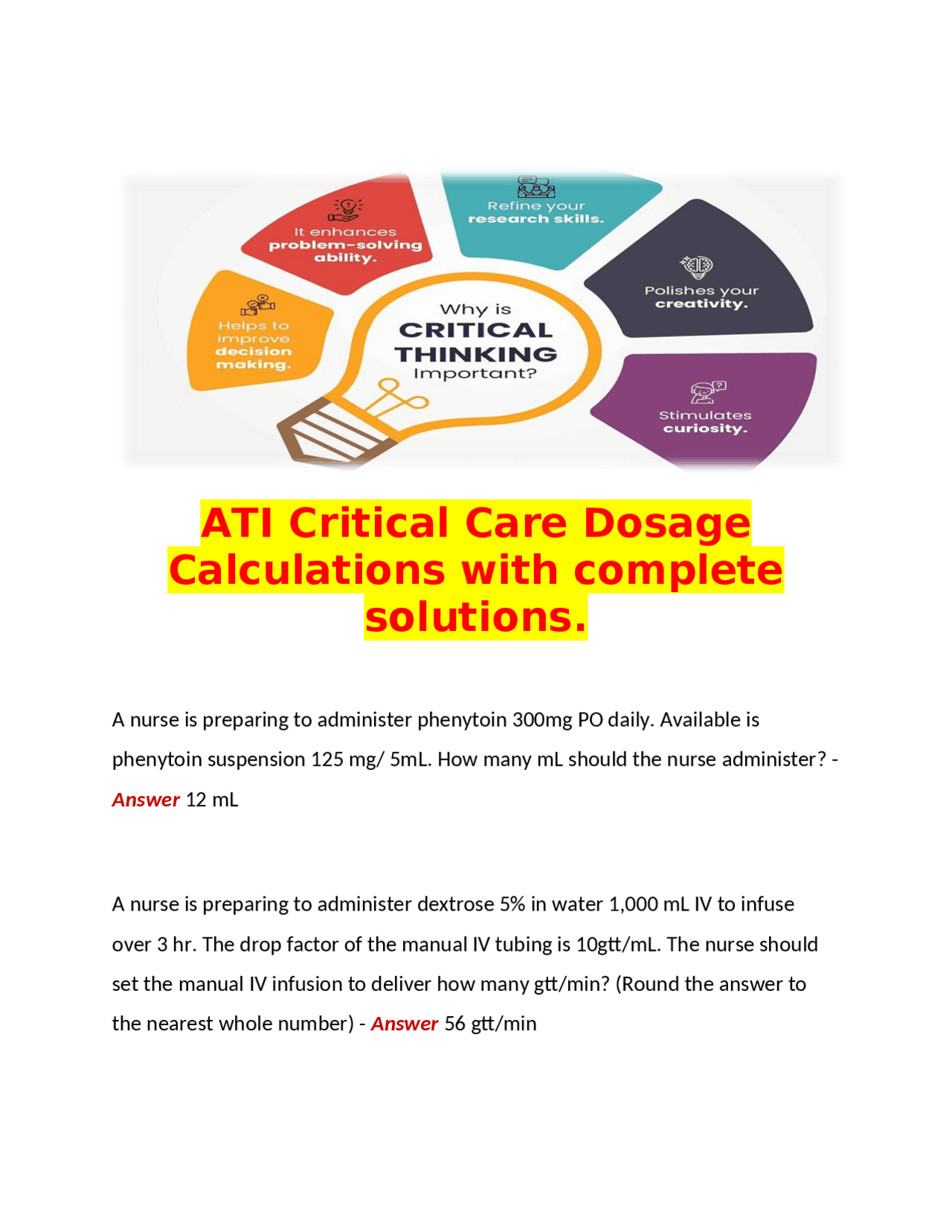 ATI Critical Care Dosage Calculations | Exams Nursing | Docsity