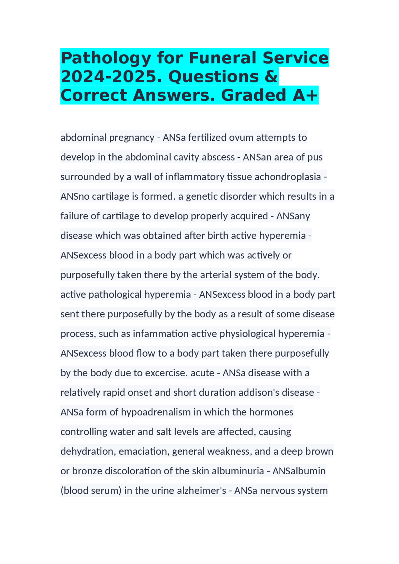 Pathology for Funeral Service 2024-2025. Questions & Correct Answers ...