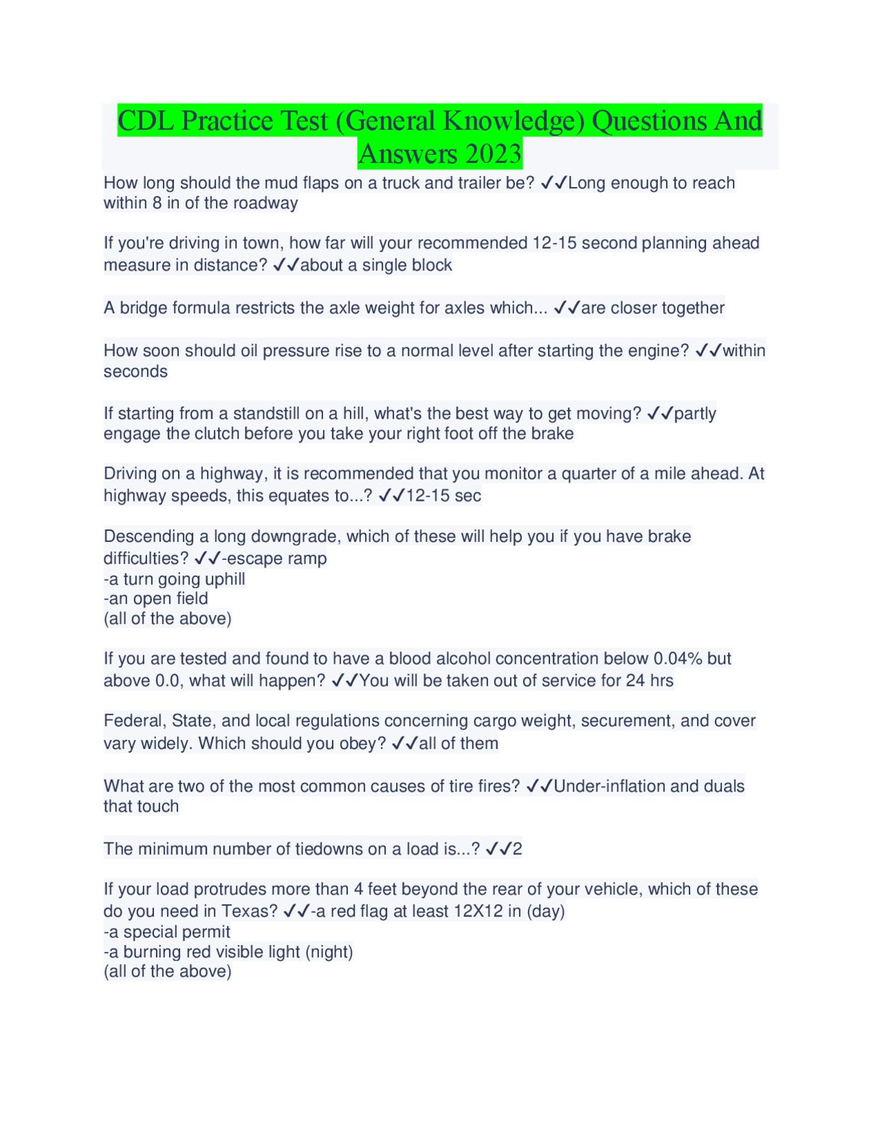 CDL Practice Test (General Knowledge) Questions And Answers 2023 ...