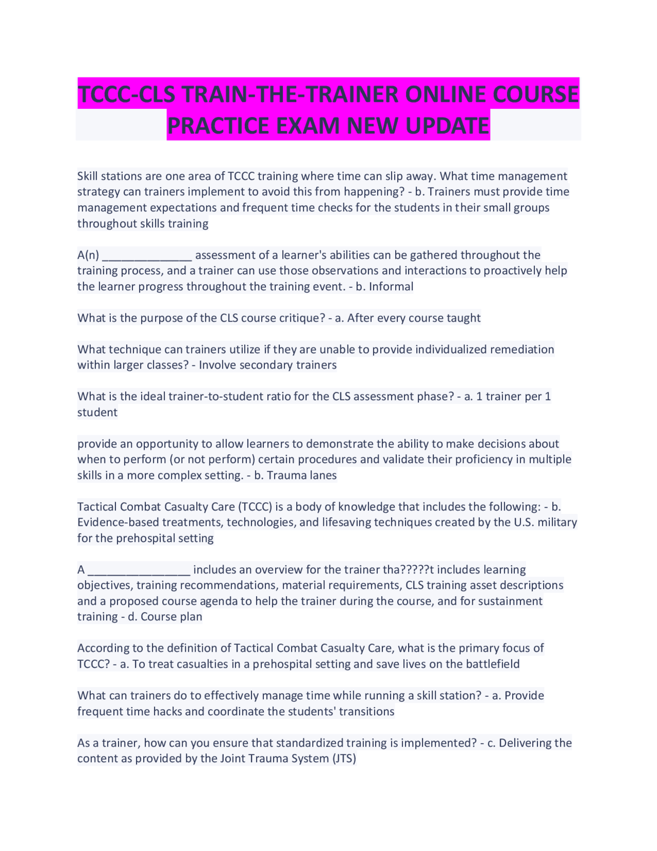 TCCC-CLS Train-the-Trainer Online Course Practice Exam | Exams Advanced ...