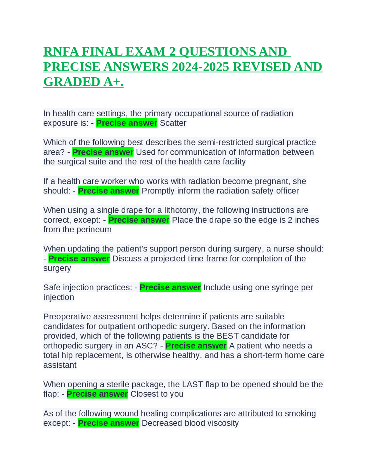 RNFA FINAL EXAM 2 QUESTIONS AND PRECISE ANSWERS 2024-2025 REVISED AND ...