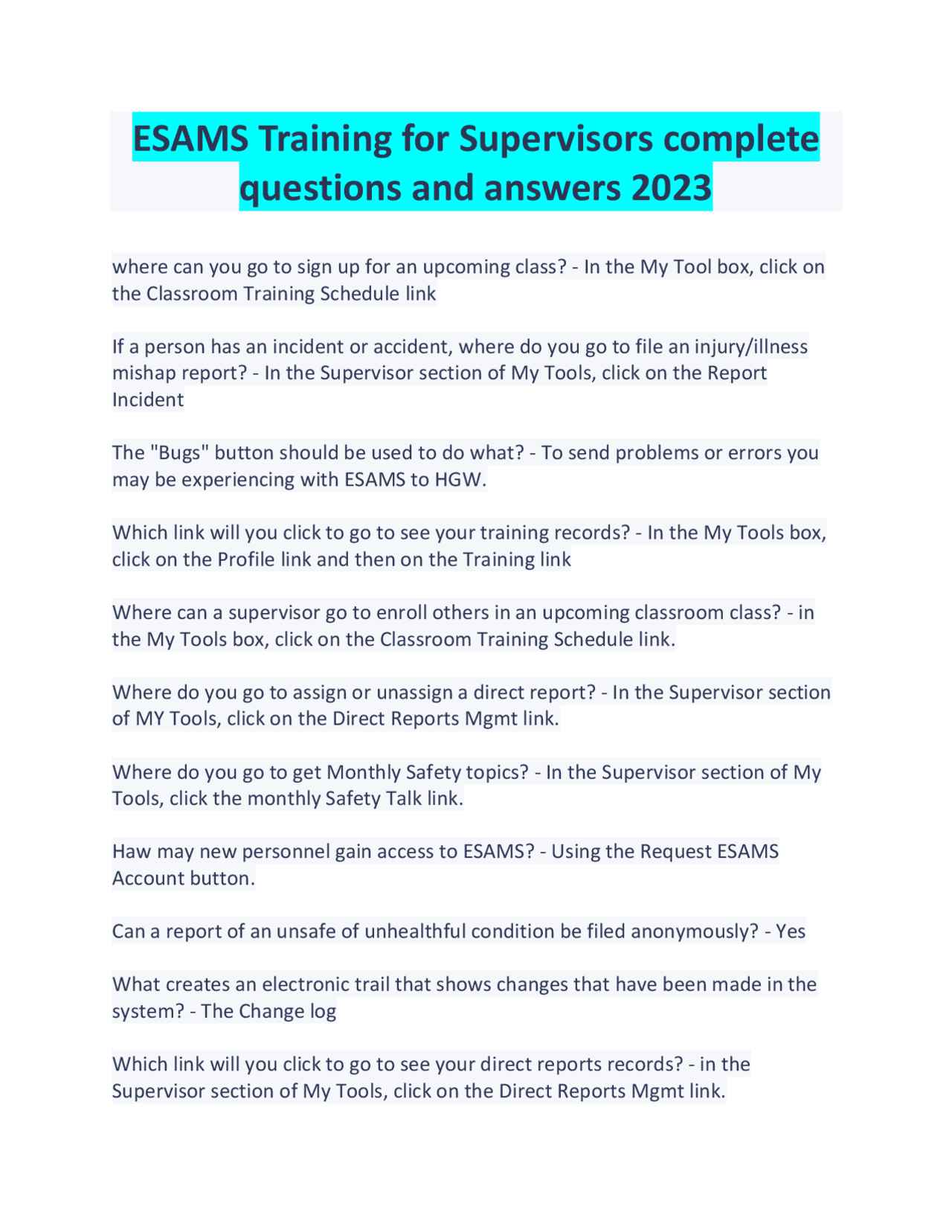 ESAMS Training for Supervisors complete questions and answers 2024 ...