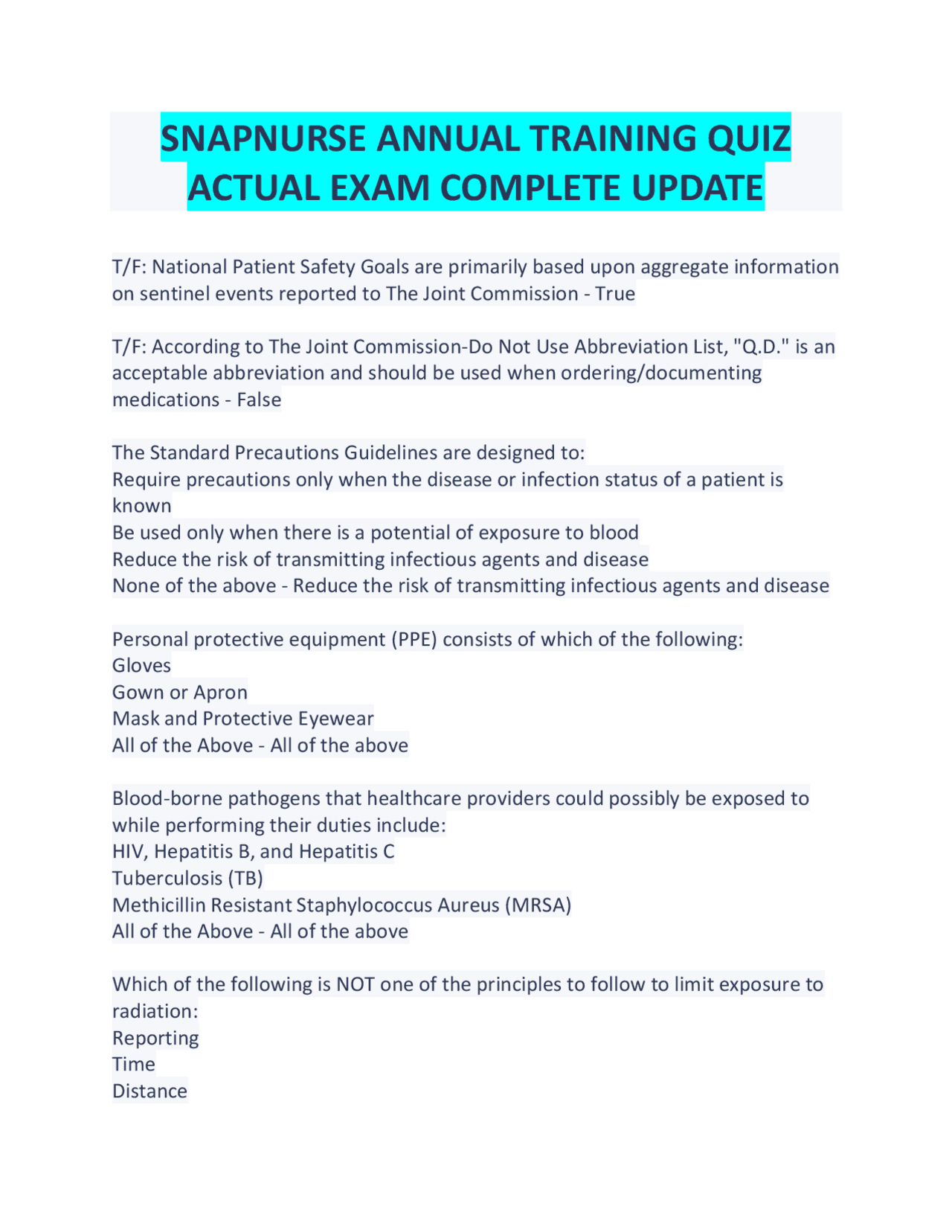 SNAPNURSE ANNUAL TRAINING QUIZ | Exams Advanced Education | Docsity